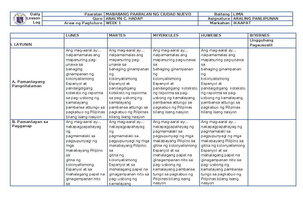 DLL AP 5 Q4 W1 - DLL AP5 Q4 WEEK 1 - Daily Lesson Log Paaralan MABABANG ...