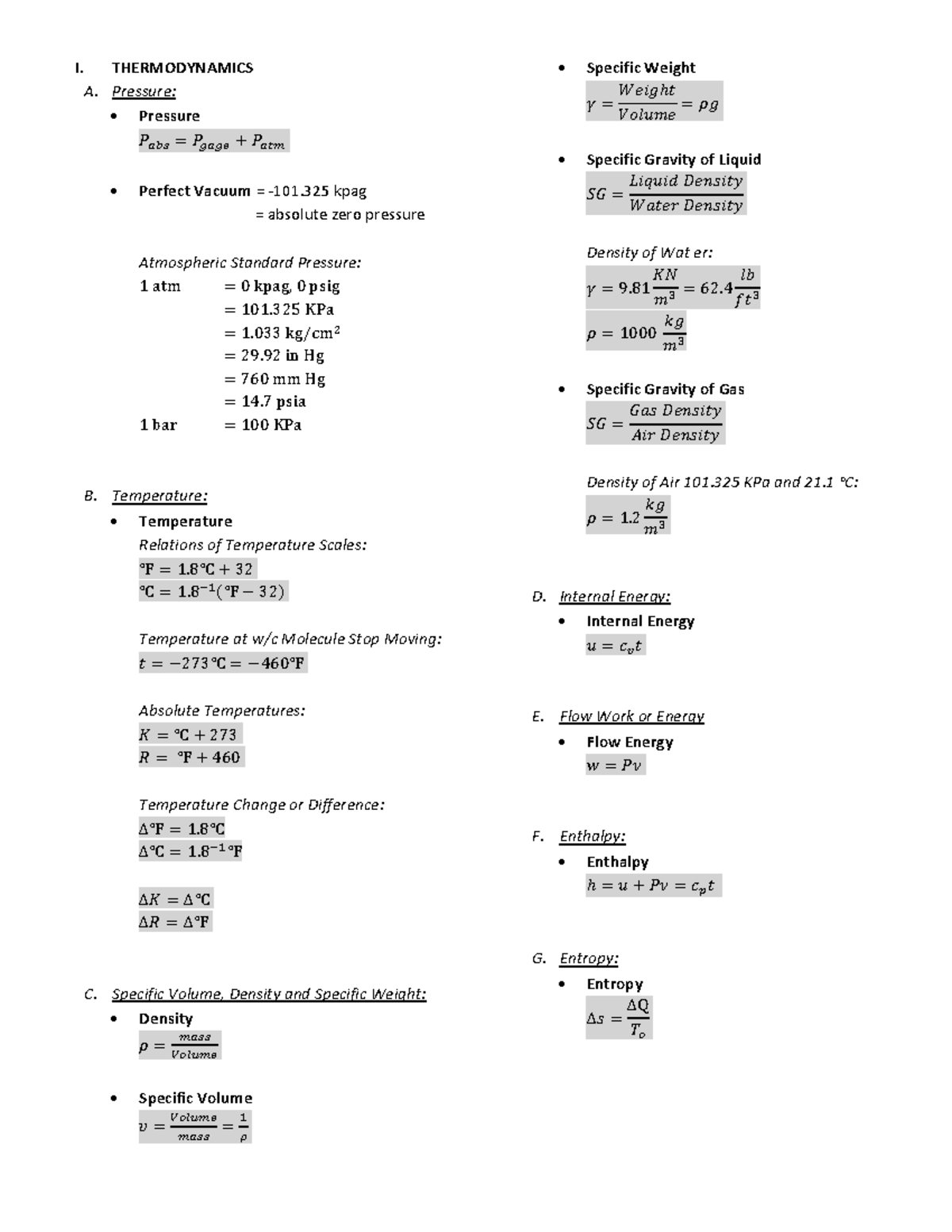 Thermo-Formula Notes for Thermodynamics (ENGR 101) - Studocu