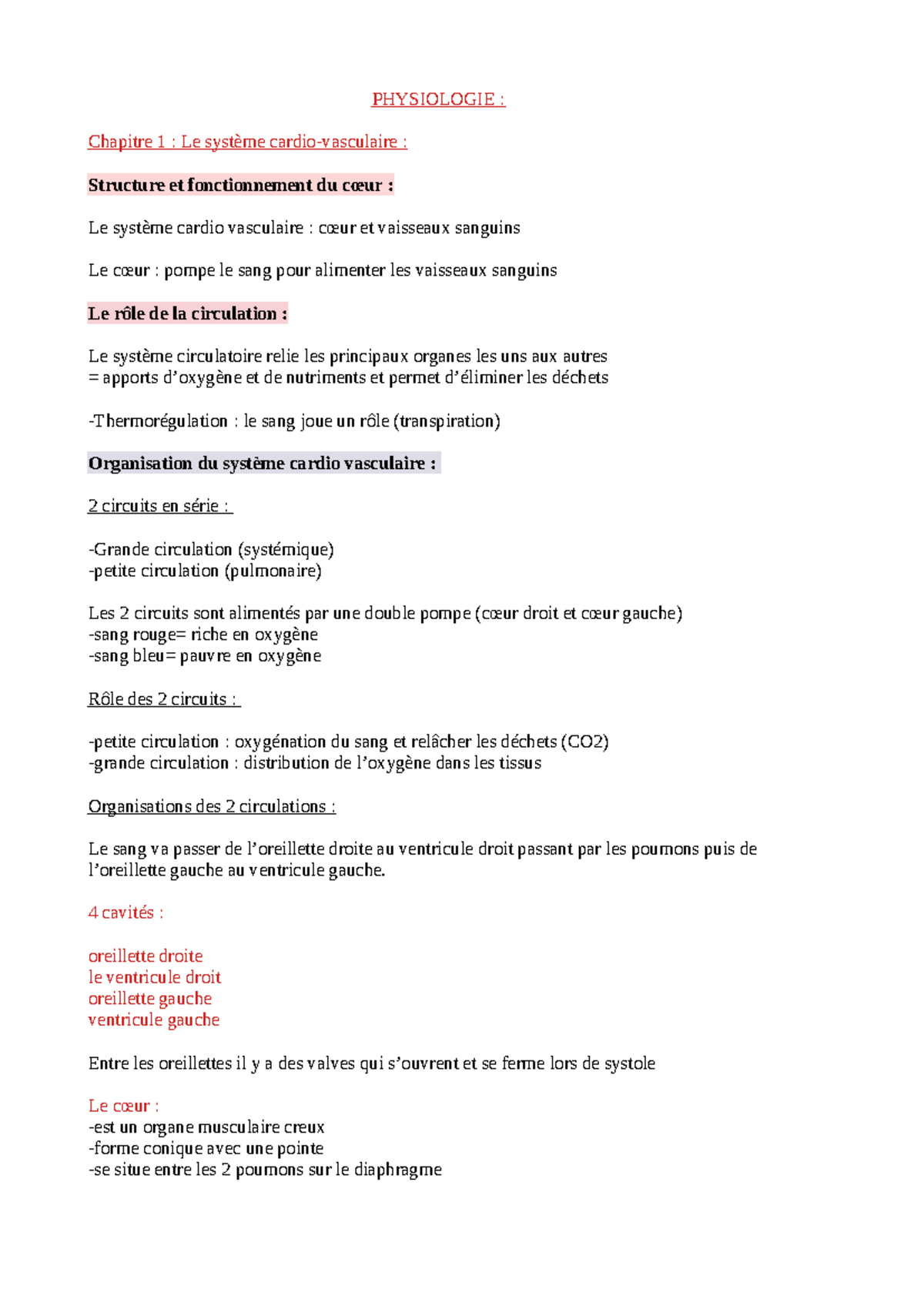 Le système cardio vasculaire - 4 cavités : oreillette droite le ...