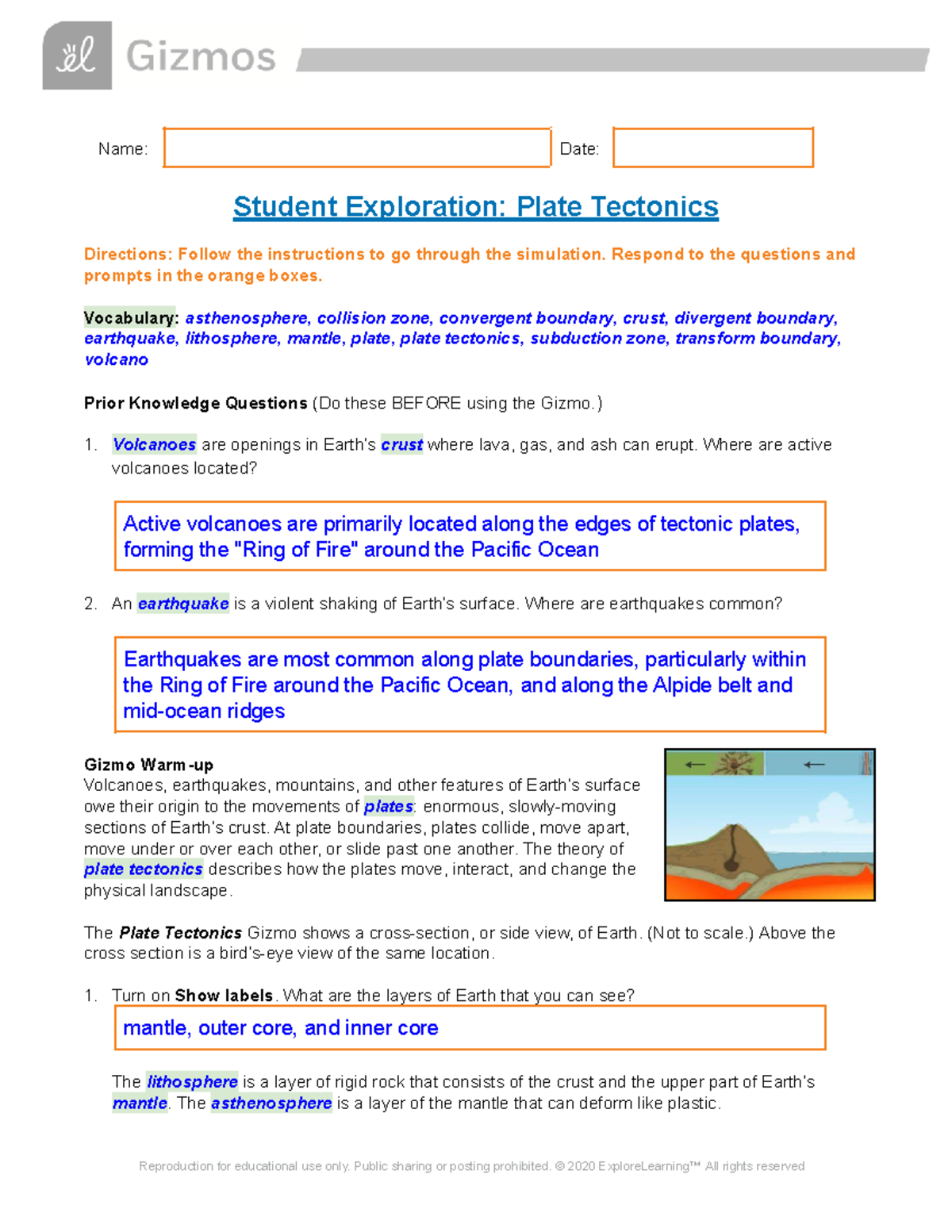 Student Exploration: Plate Tectonics Gizmo Activity Guide ...