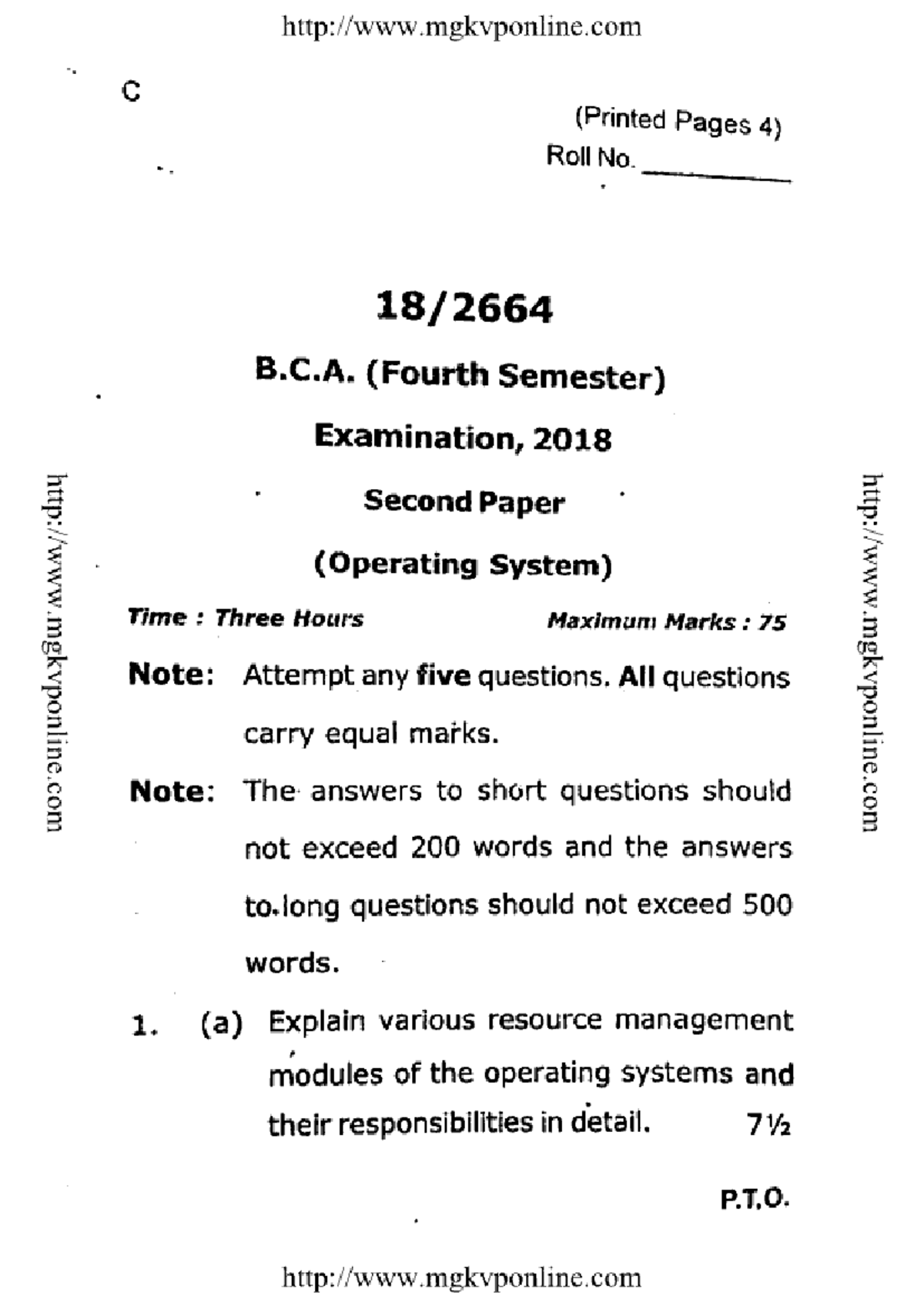 BCA 4th Sem Operating System Exam Paper 2018 - 75 Marks - Studocu