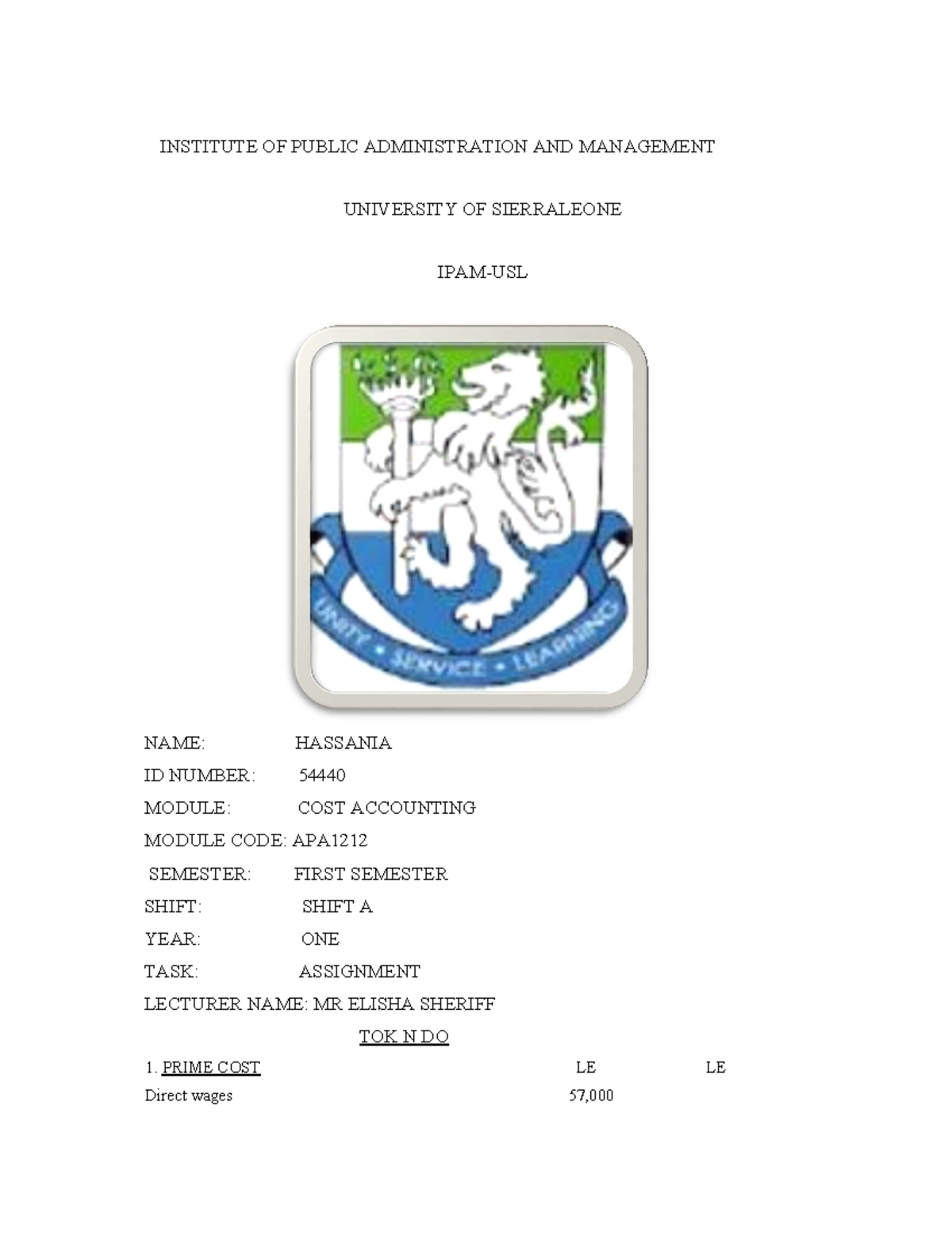 Cost Accounting Assignment - APA 1st Semester - HASSANIA - Studocu