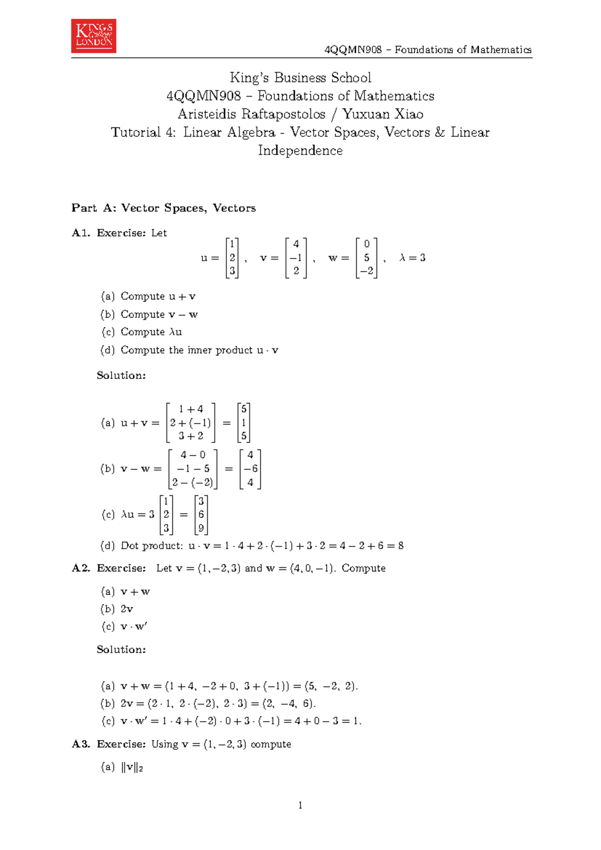 4QQMN908 Foundations of Mathematics Tutorial 4: Linear Algebra ...