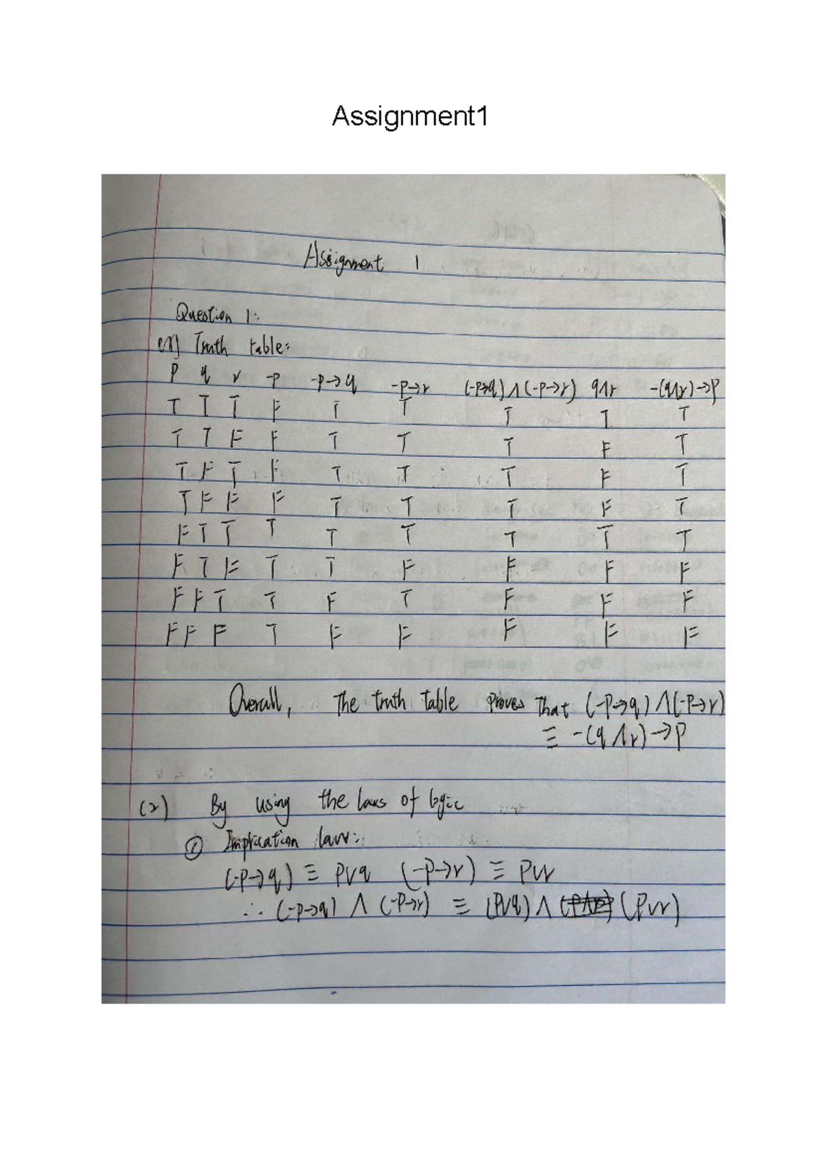 1362 Assignment 1: Truth Table and Logic Proofs Analysis - Studocu