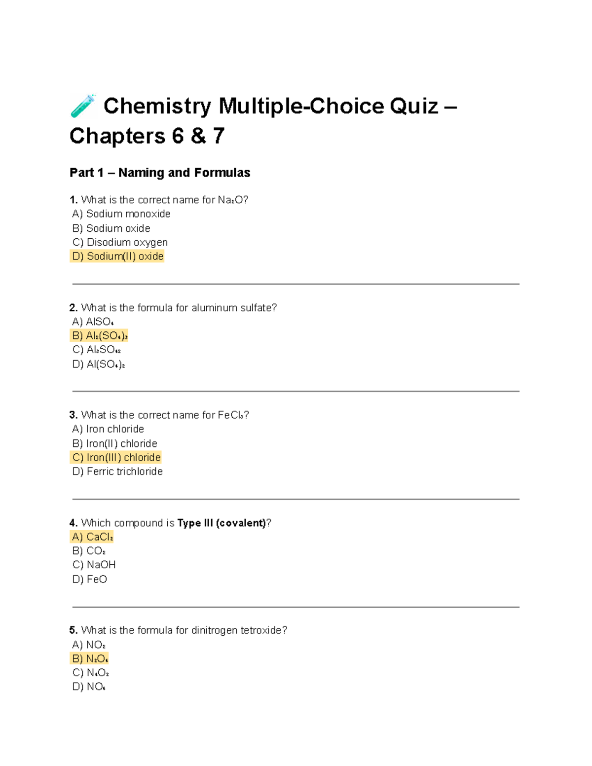Chemistry MC Quiz – CH 6 & 7: Naming, Reactions & Balancing - Studocu