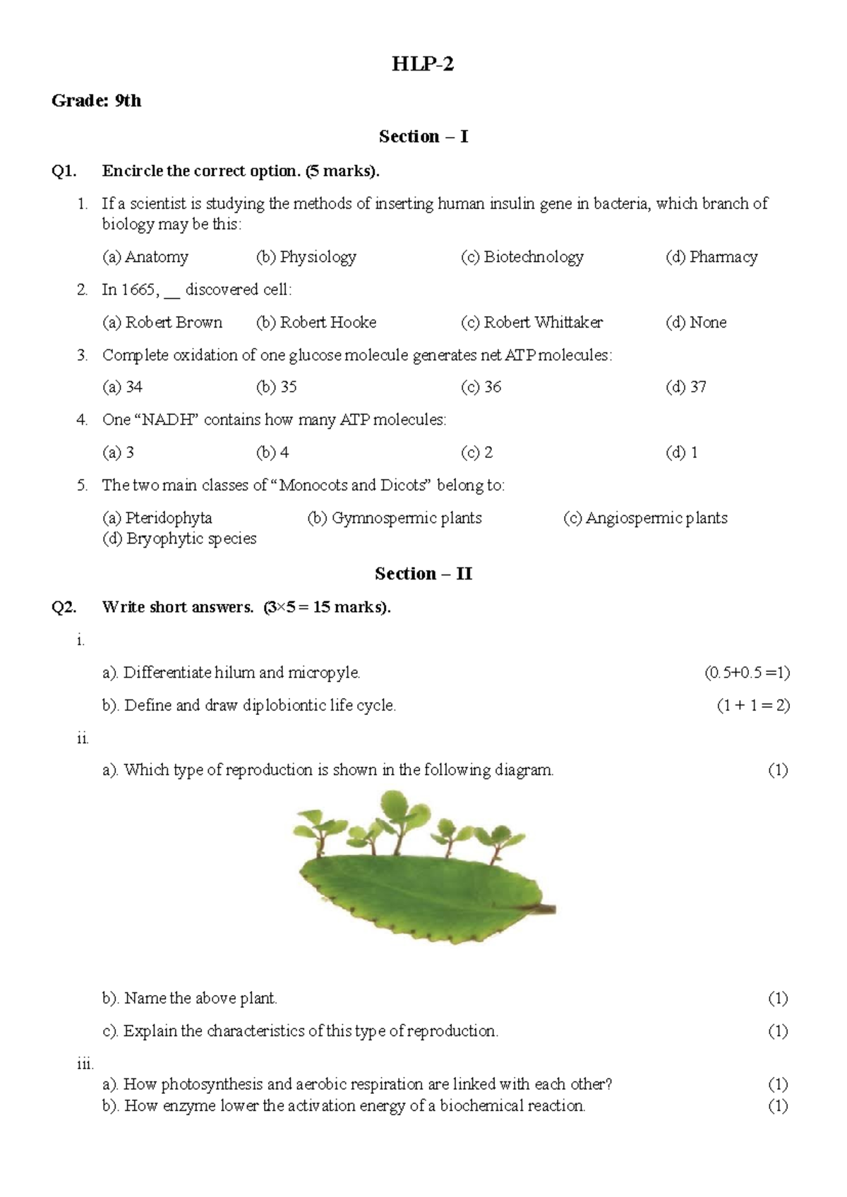Grade 9 Biology Quiz: Section I & II Questions and Answers - Studocu