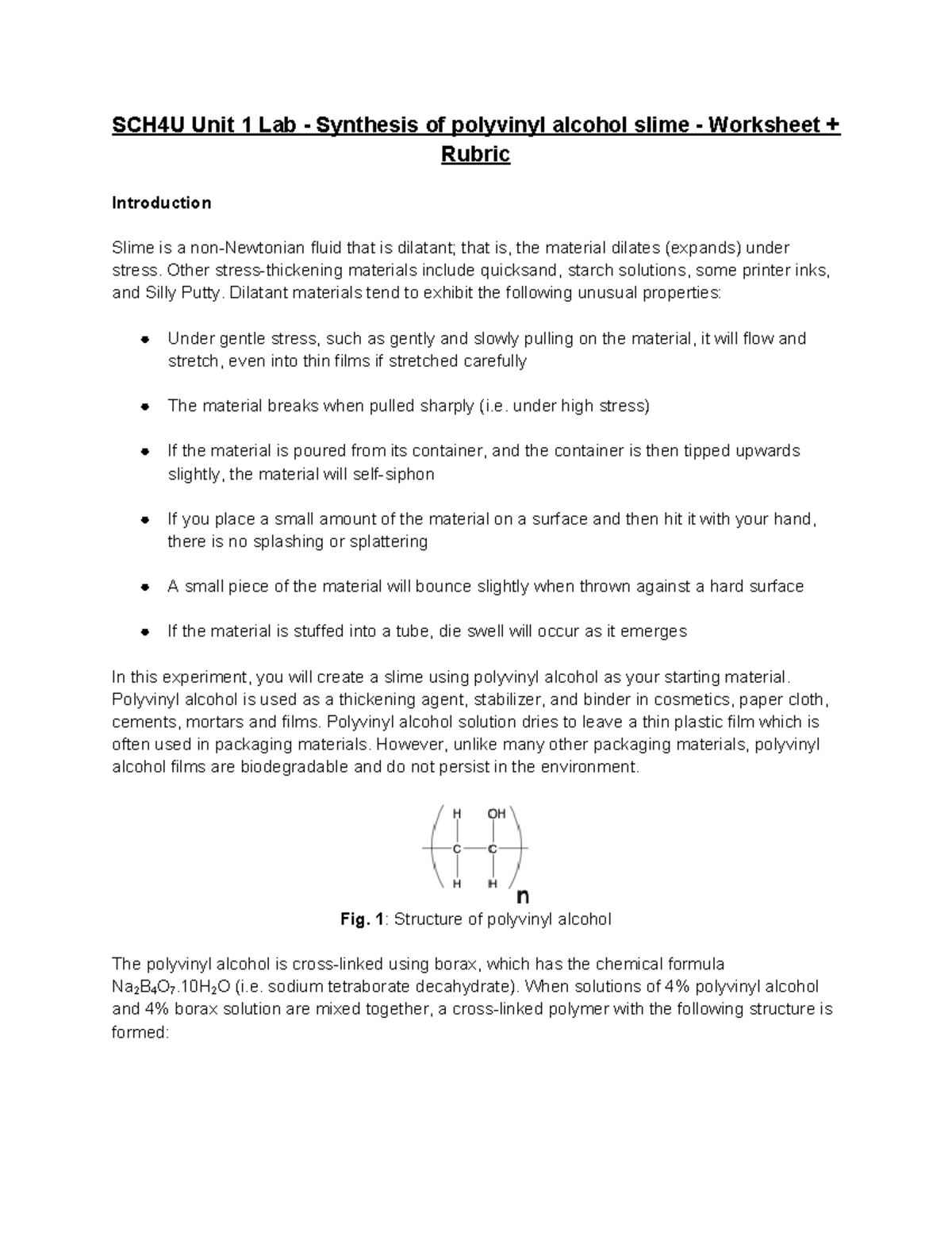SCH4U Unit 1 Lab: Synthesis of Polyvinyl Alcohol Slime Worksheet ...