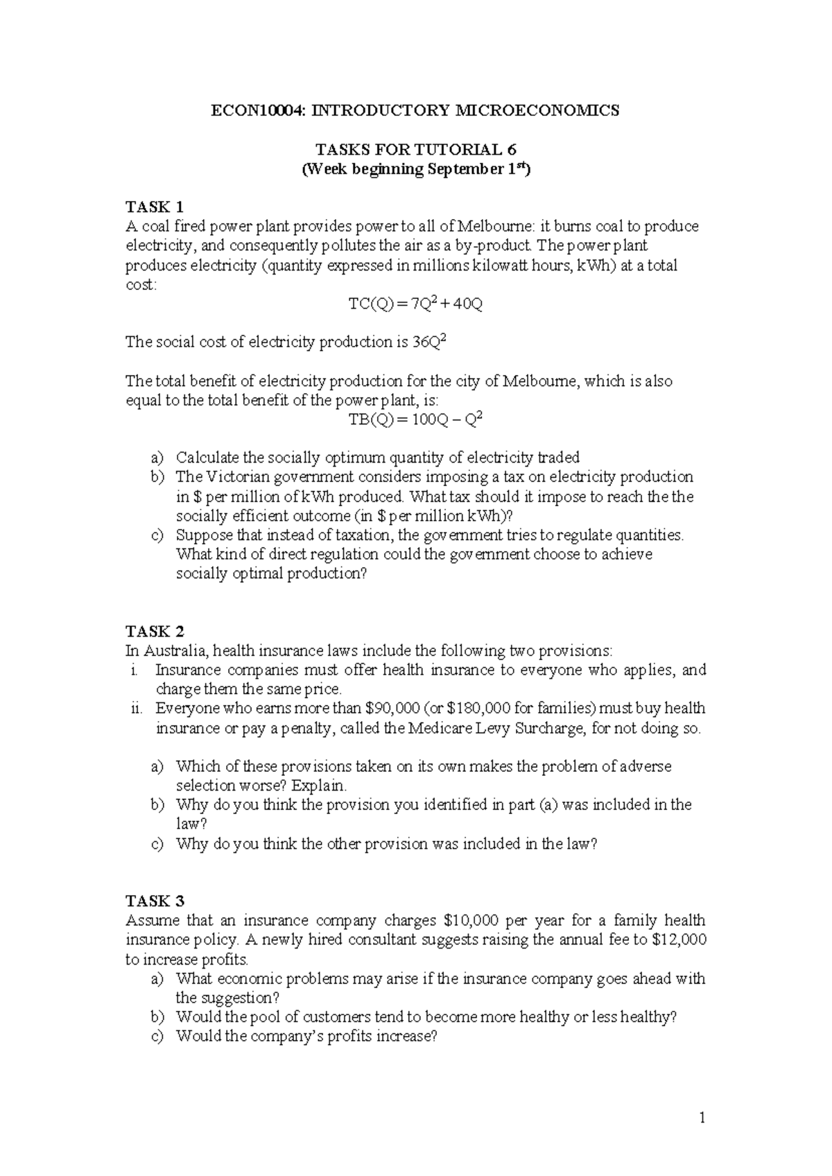 Week 6 Tutorial Questions for Introductory Microeconomics (ECON101) - Studocu