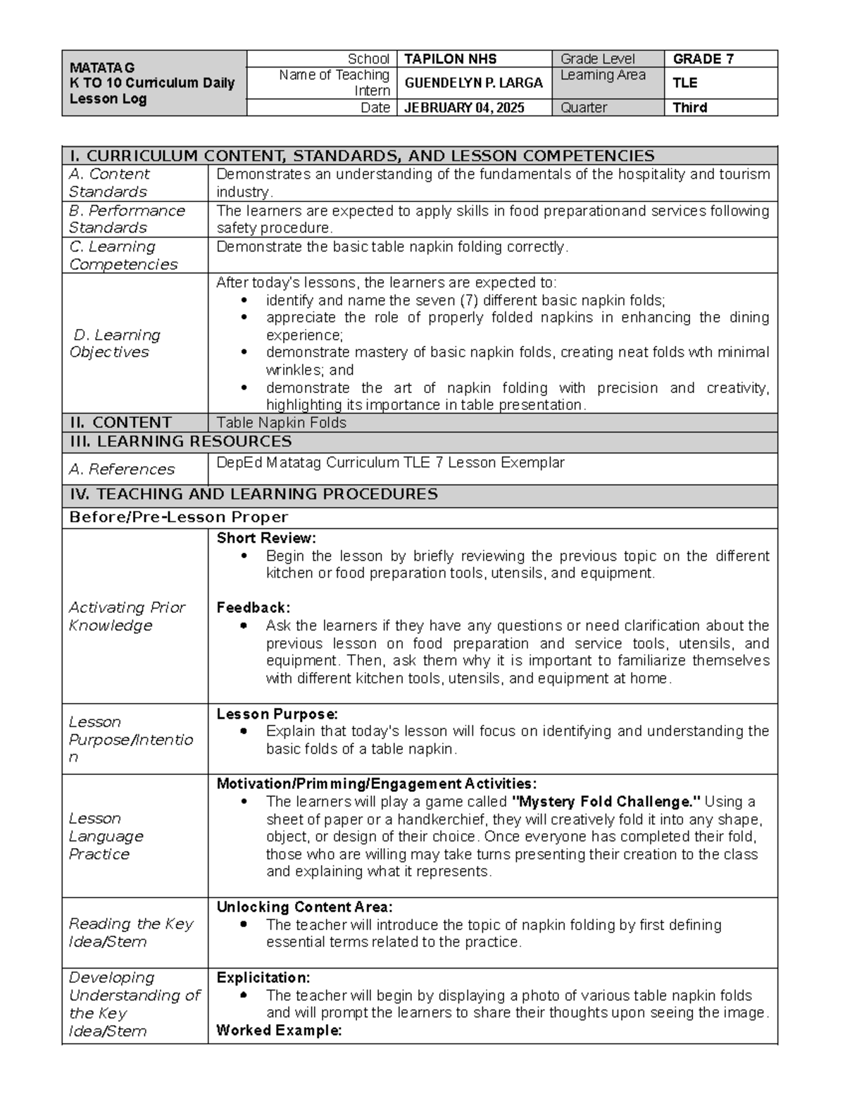 Lesson Plan 04: Basic Table Napkin Folding for TLE 7 - Studocu