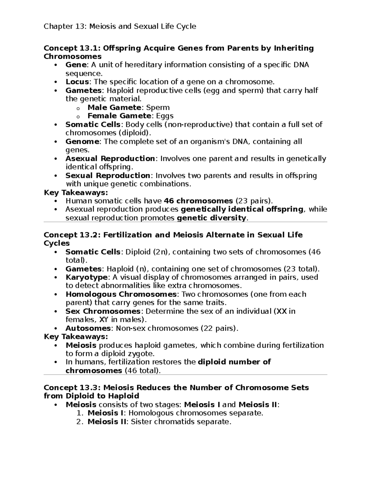 Chapter 13: Meiosis and Sexual Life Cycle Concepts Summary - Chapter 13 ...