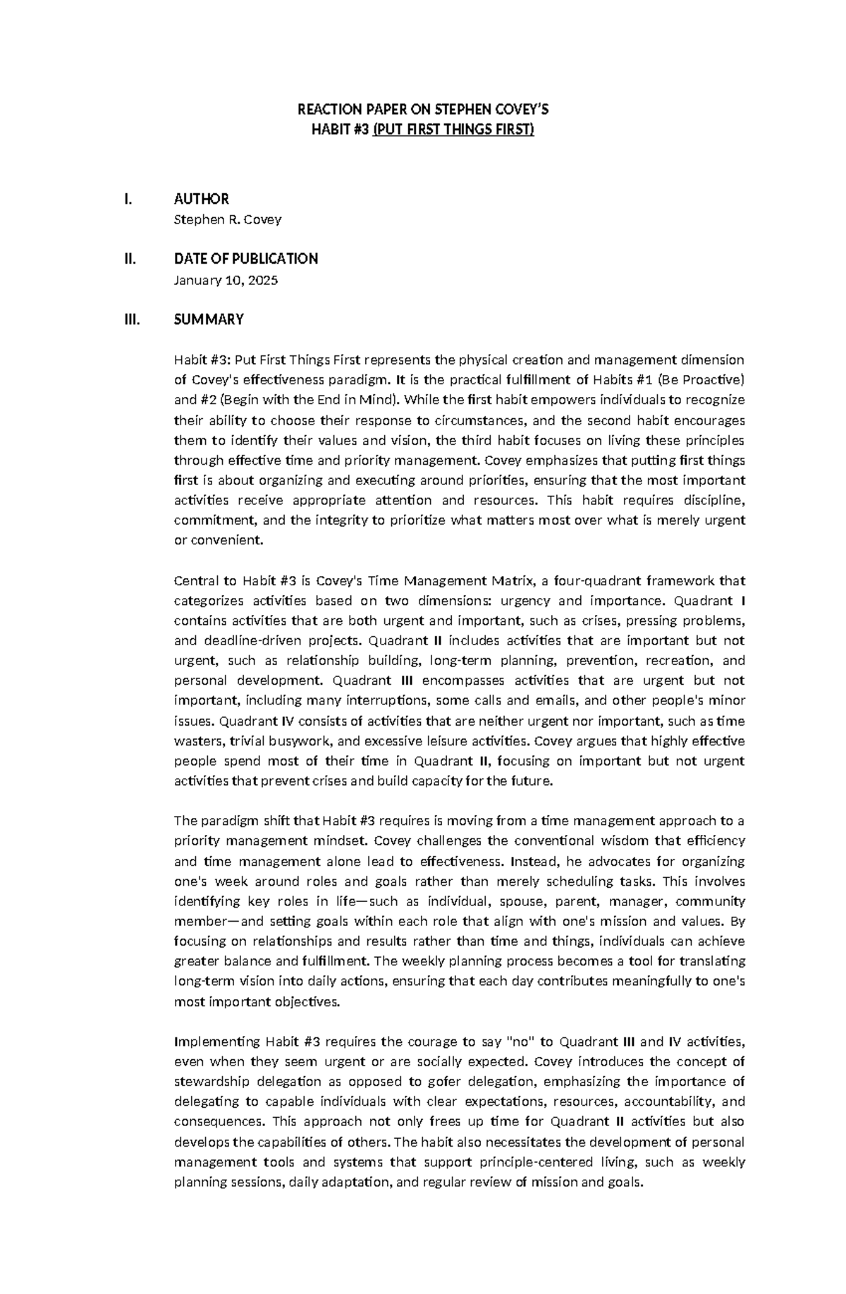 Reaction Paper on Stephen R. Covey's Habit 3: Put First Things First ...