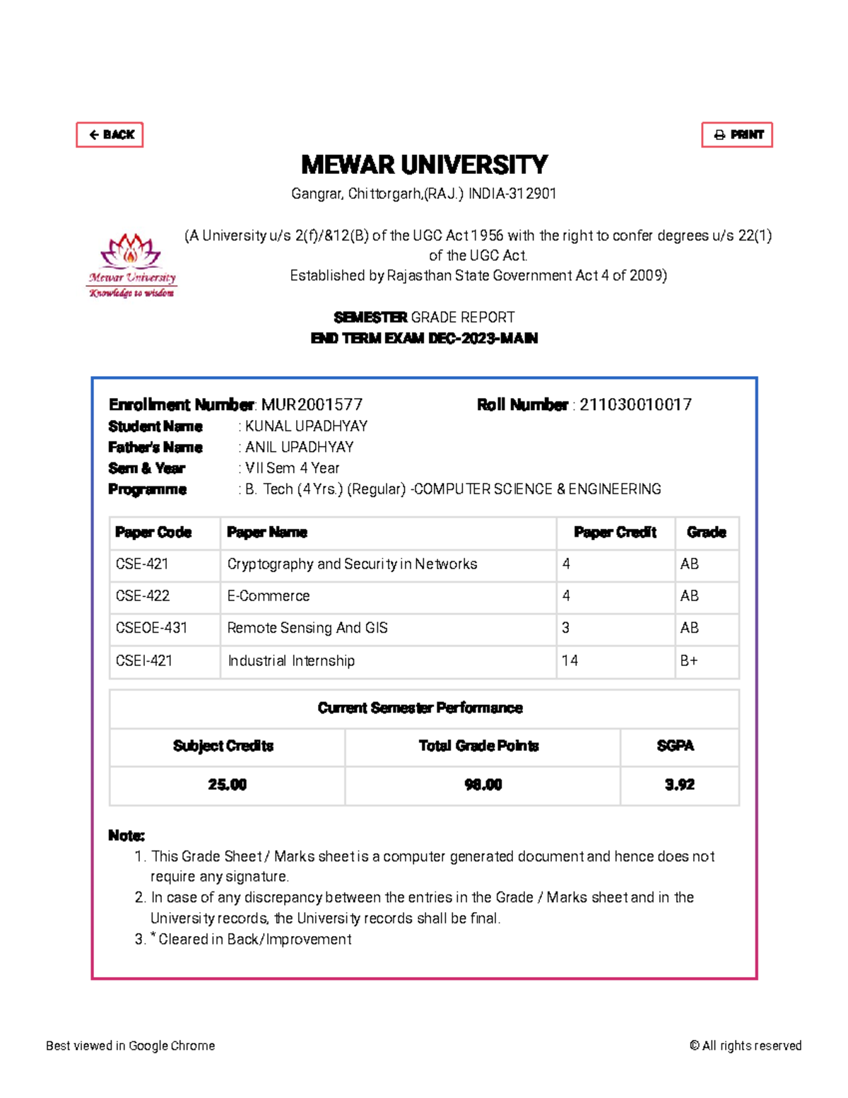 7th Sem CSE Marksheet - End Term Exam Dec 2023, Mewar University - Studocu