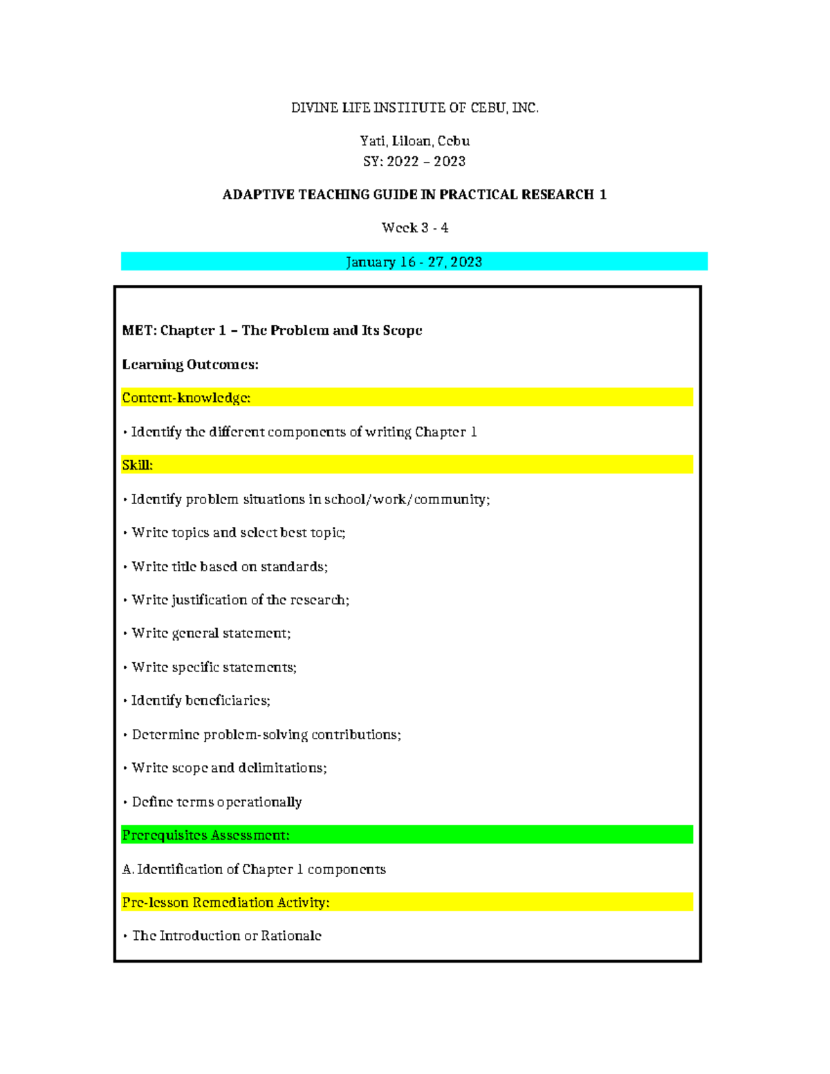 ADAPTIVE TEACHING GUIDE IN PRACTICAL RESEARCH 1 (SY 2022-2023) - Studocu