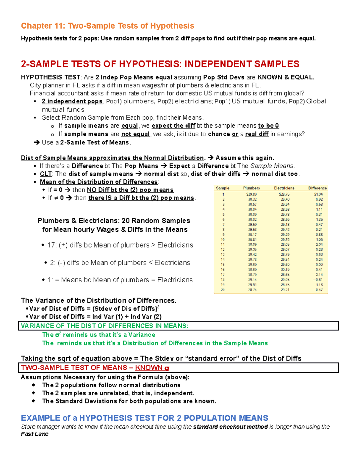 Chapter 11: Hypothesis Testing for Two Independent Samples - Studocu