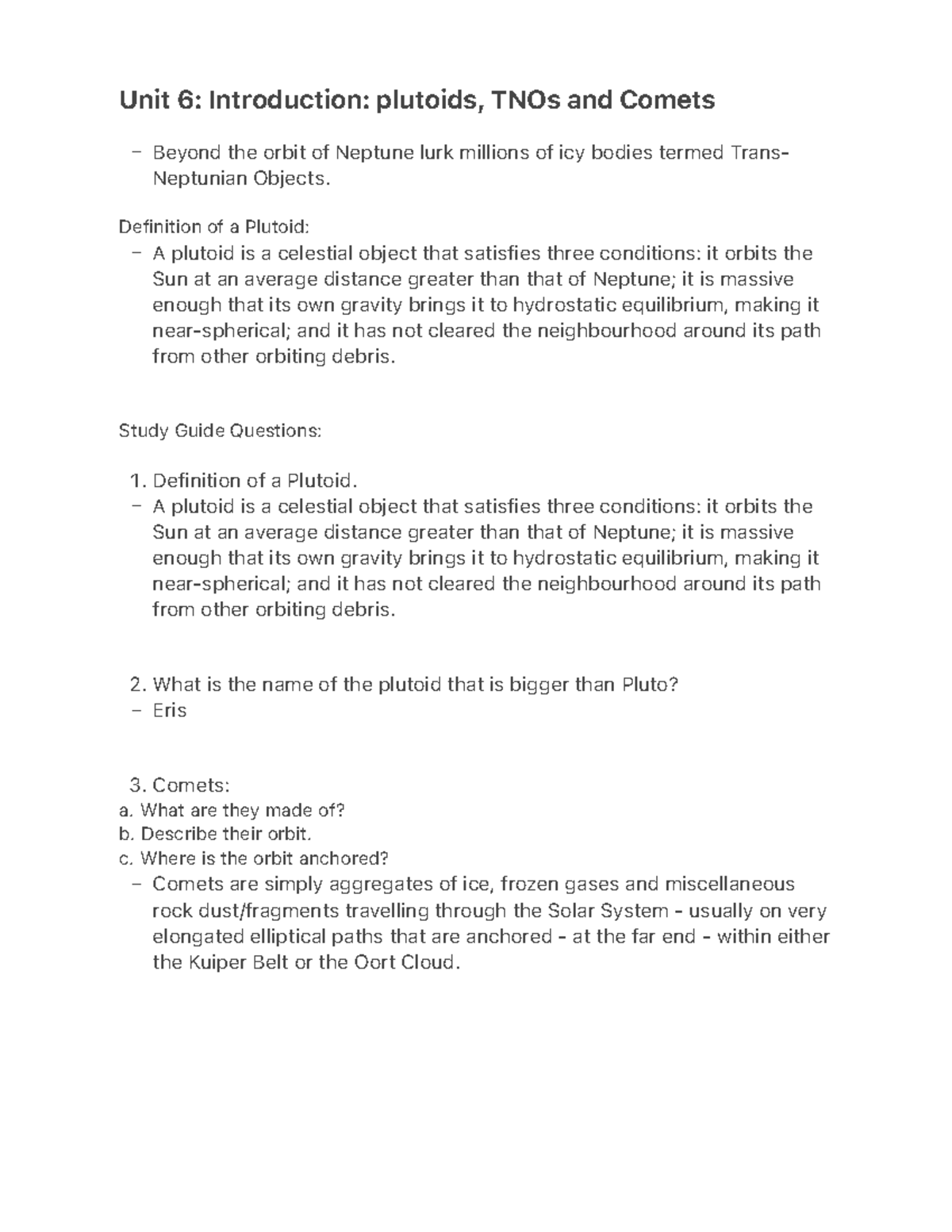Unit 6: Introduction: plutoids, TNOs and Comets - – – 1. – 2. – 3 ...