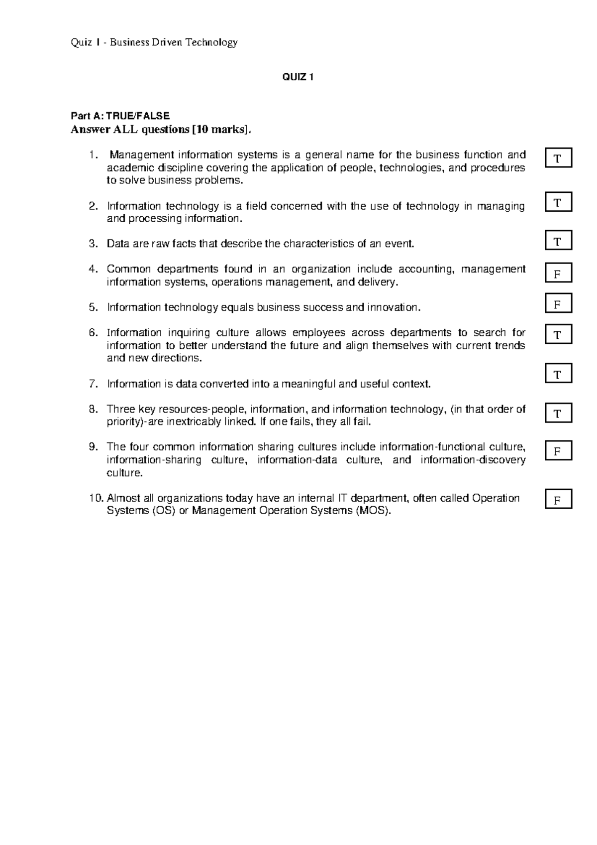 multiple choice question - Quiz 1 - Business Driven Technology QUIZ 1 ...