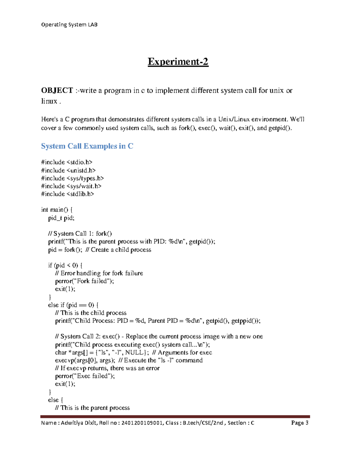 AOS2 - Operating System Lab: C Program for System Calls Implementation - Studocu