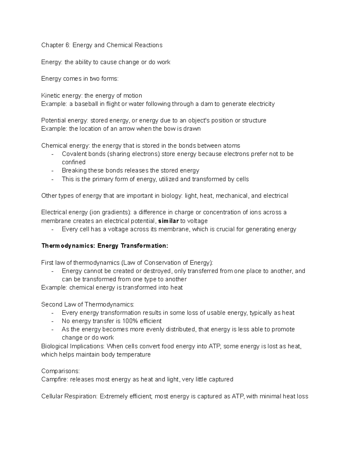 Biology Chapter 6: Energy Transformation & ATP Mechanism Notes - Studocu