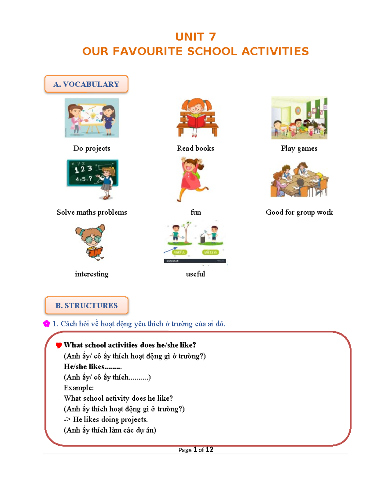 UNIT 7 - OUR FAVOURITE SCHOOL ACTIVITIES: VOCABULARY & PRACTICE - Studocu