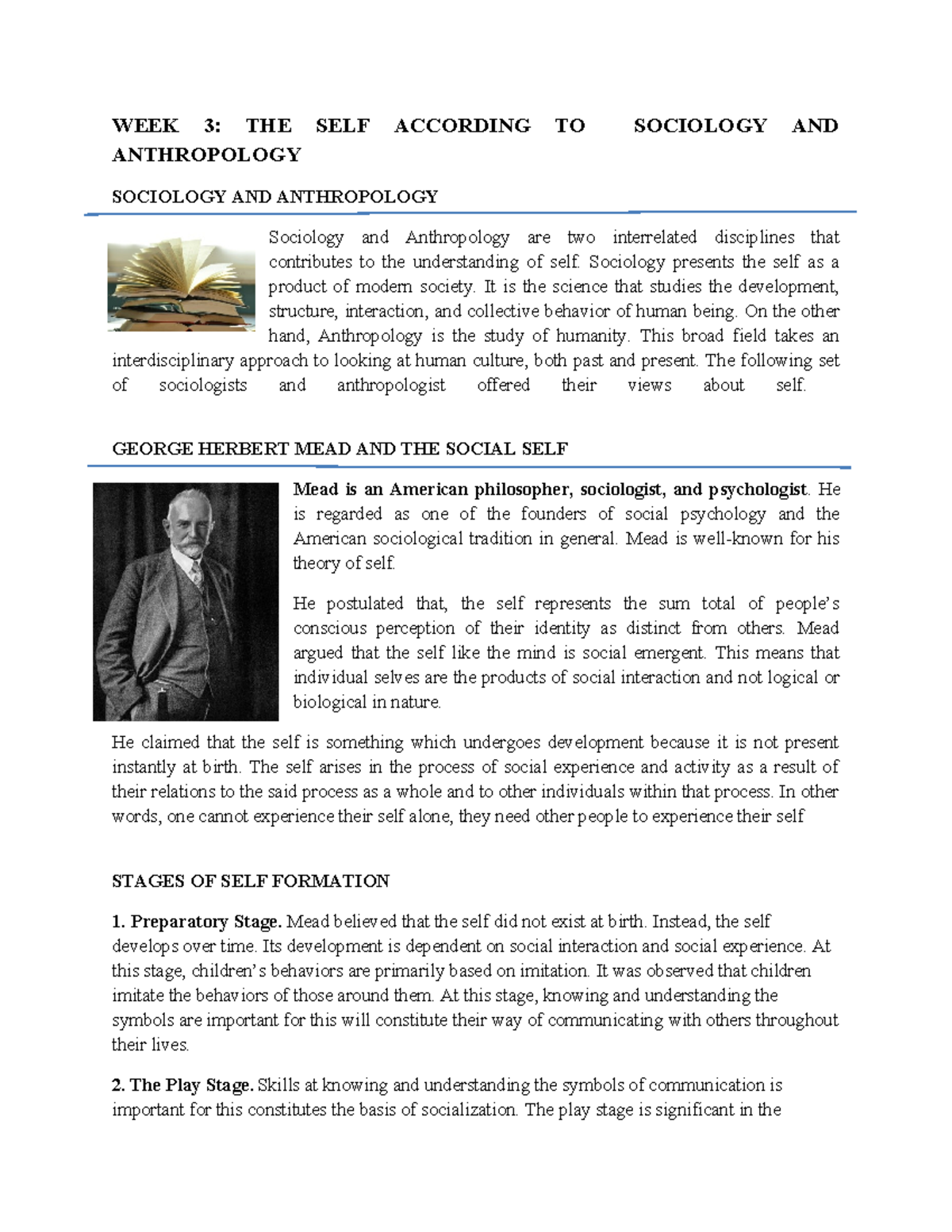 WEEK 3 Sociology AND Anthropology - WEEK 3: THE SELF ACCORDING TO SOCIOLOGY AND ANTHROPOLOGY ...