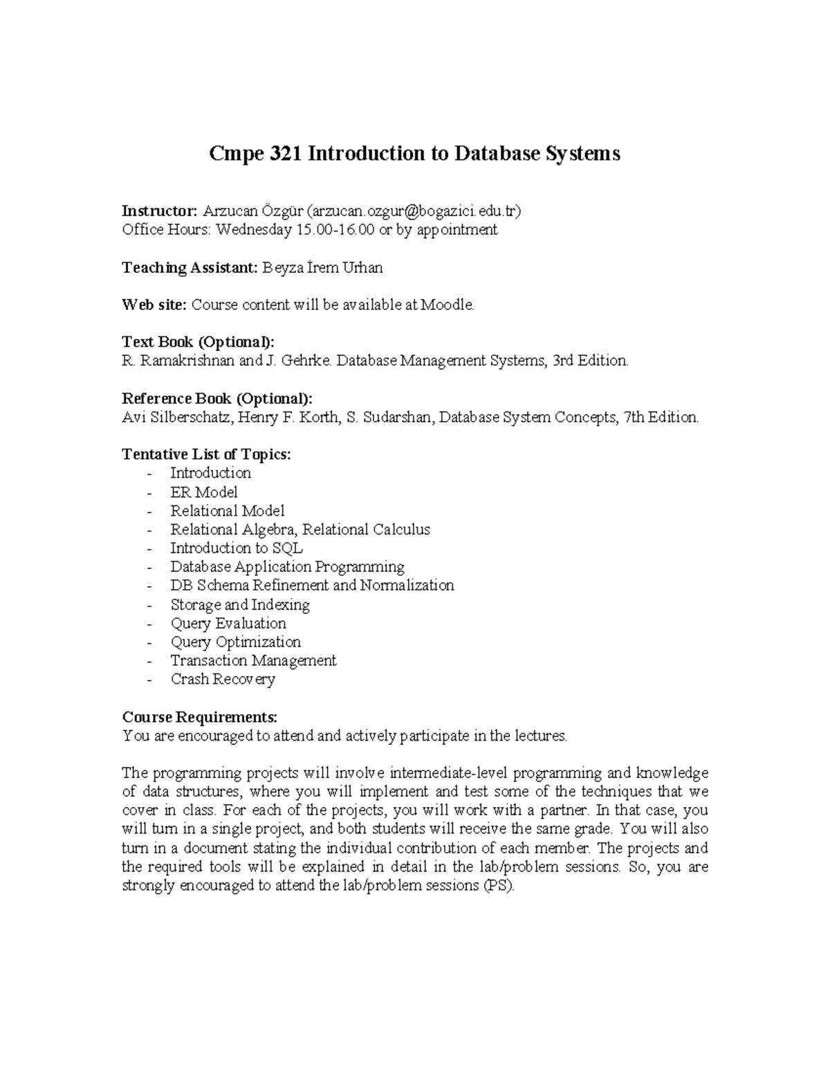 BOUN Cmpe 321 Syllabus: Introduction to Database Systems Spring 2026 ...