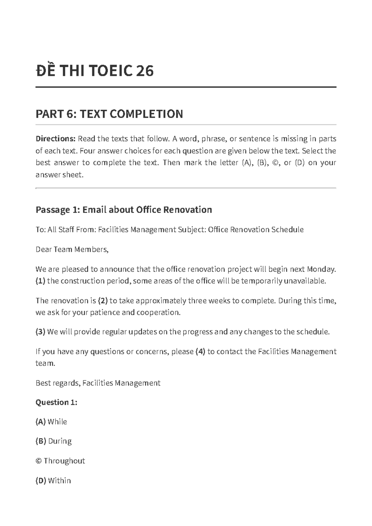 ĐỀ THI TOEIC 26: PART 6 - TEXT COMPLETION EXERCISES - Studocu