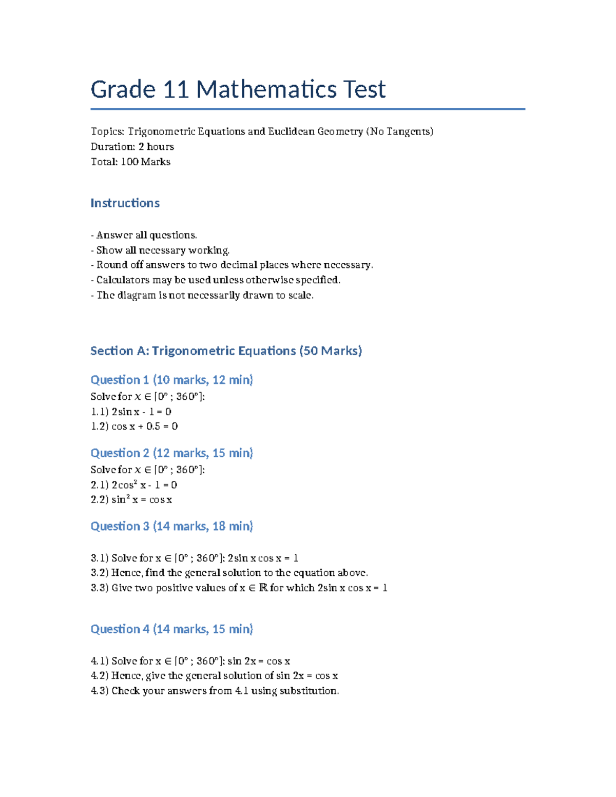 Grade 11 Trig Circle Test with Diagram Placeholders - Grade 11 ...