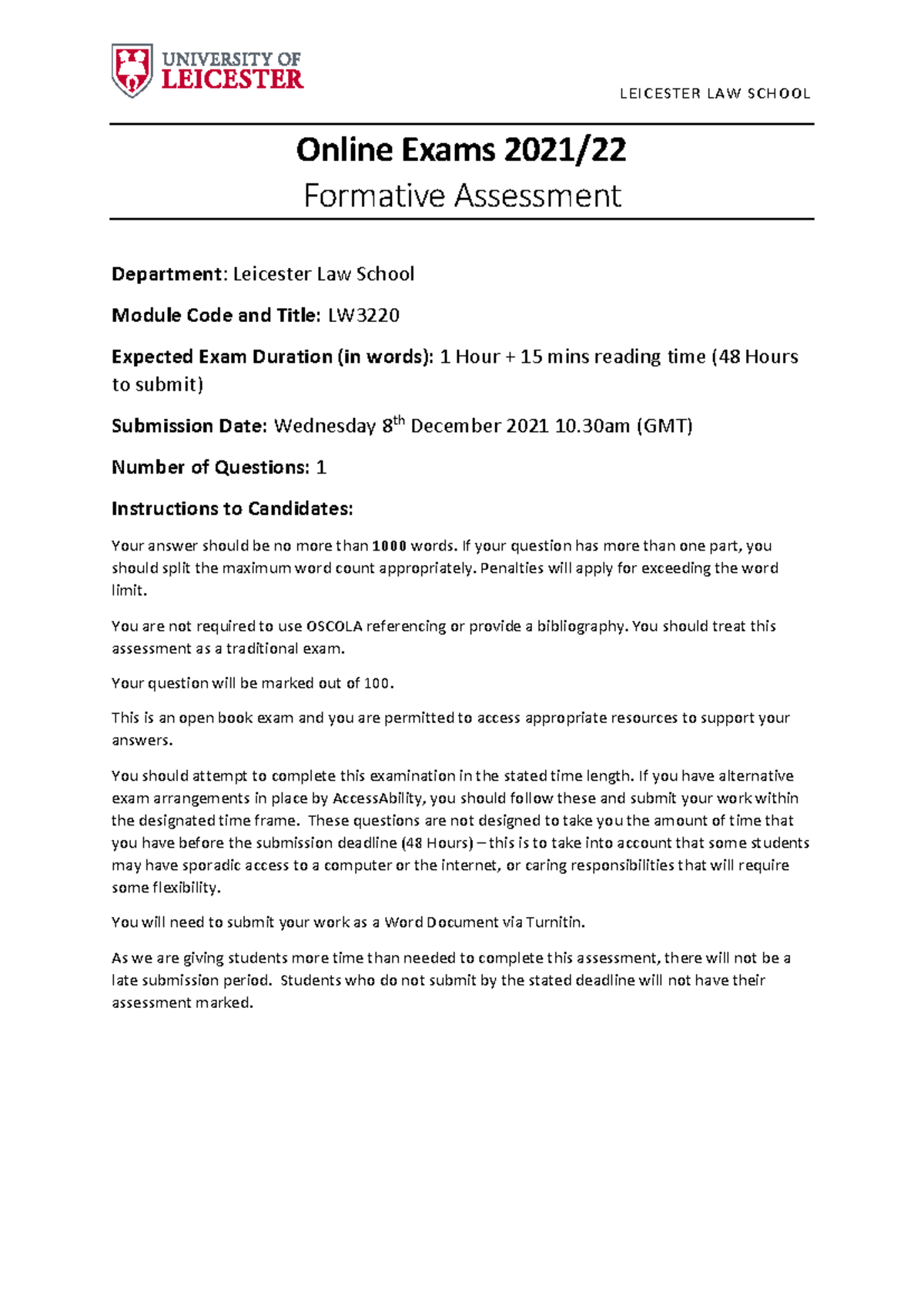 Criminal Law LW3220 Mock Exam 2021 - LEICESTER LAW SCHOOL Online Exams ...