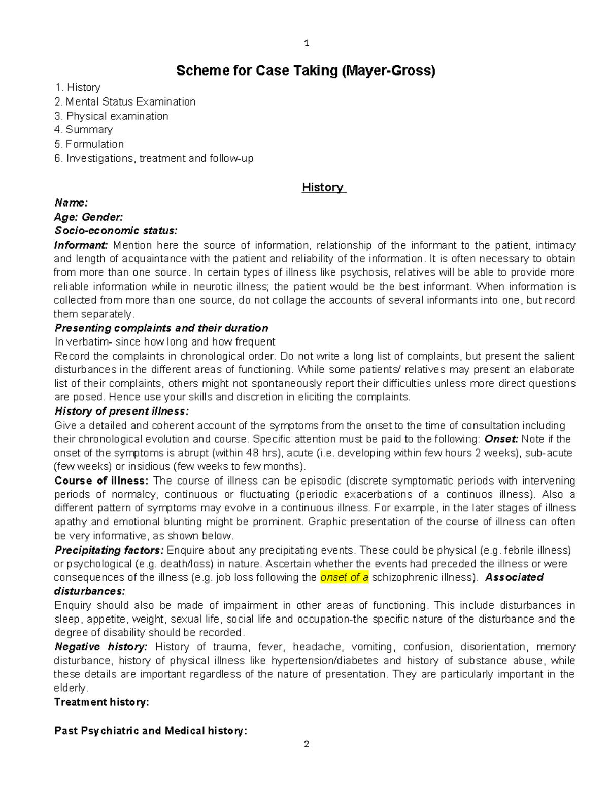 Case History Format: Comprehensive Guide on Mayer-Gross Method - Studocu