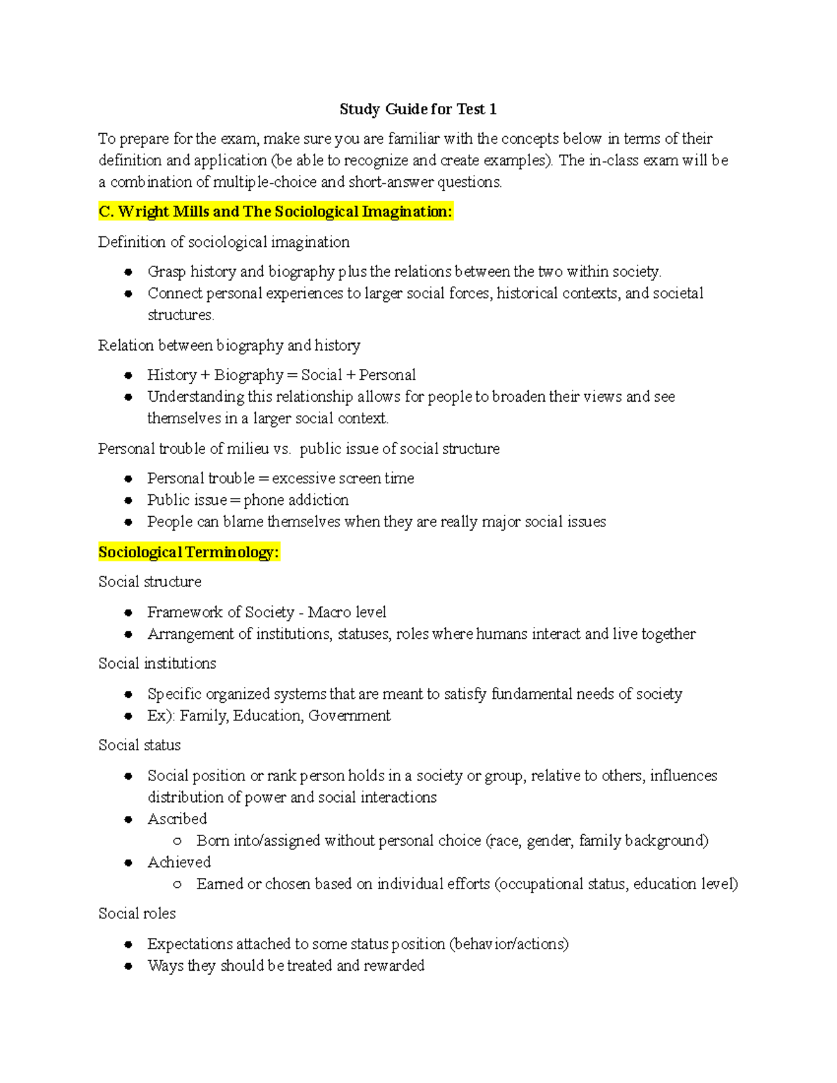 Sociology 101: Exam 1 Review Study Guide for Key Concepts - Studocu