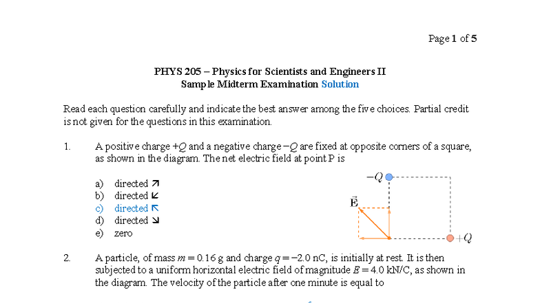 PHYS 205 Sample Midterm Exam Solutions for Physics II - Studocu