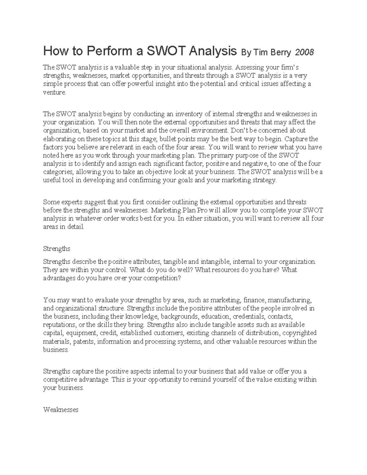 Module 6: Understanding SWOT Analysis for Strategic Planning - Studocu