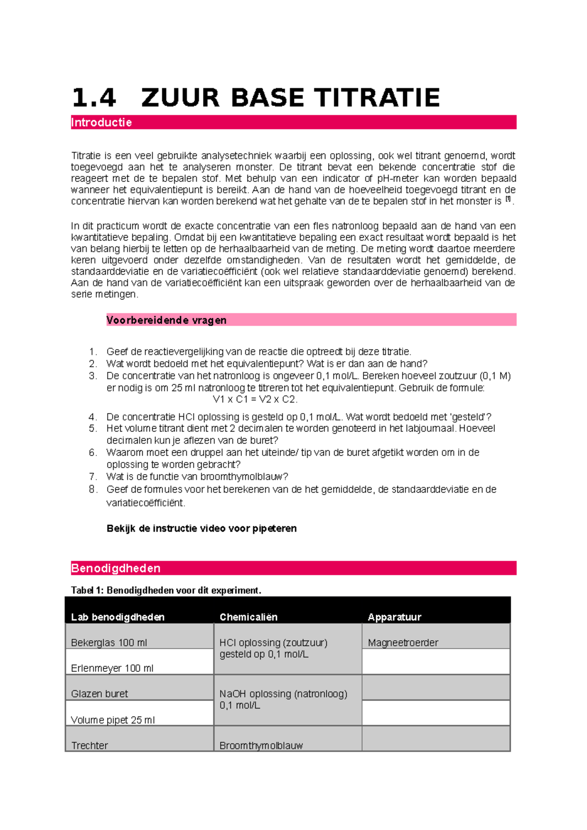 Experiment 1: Zuur-Base Titratie in Analysetechnieken - Studeersnel