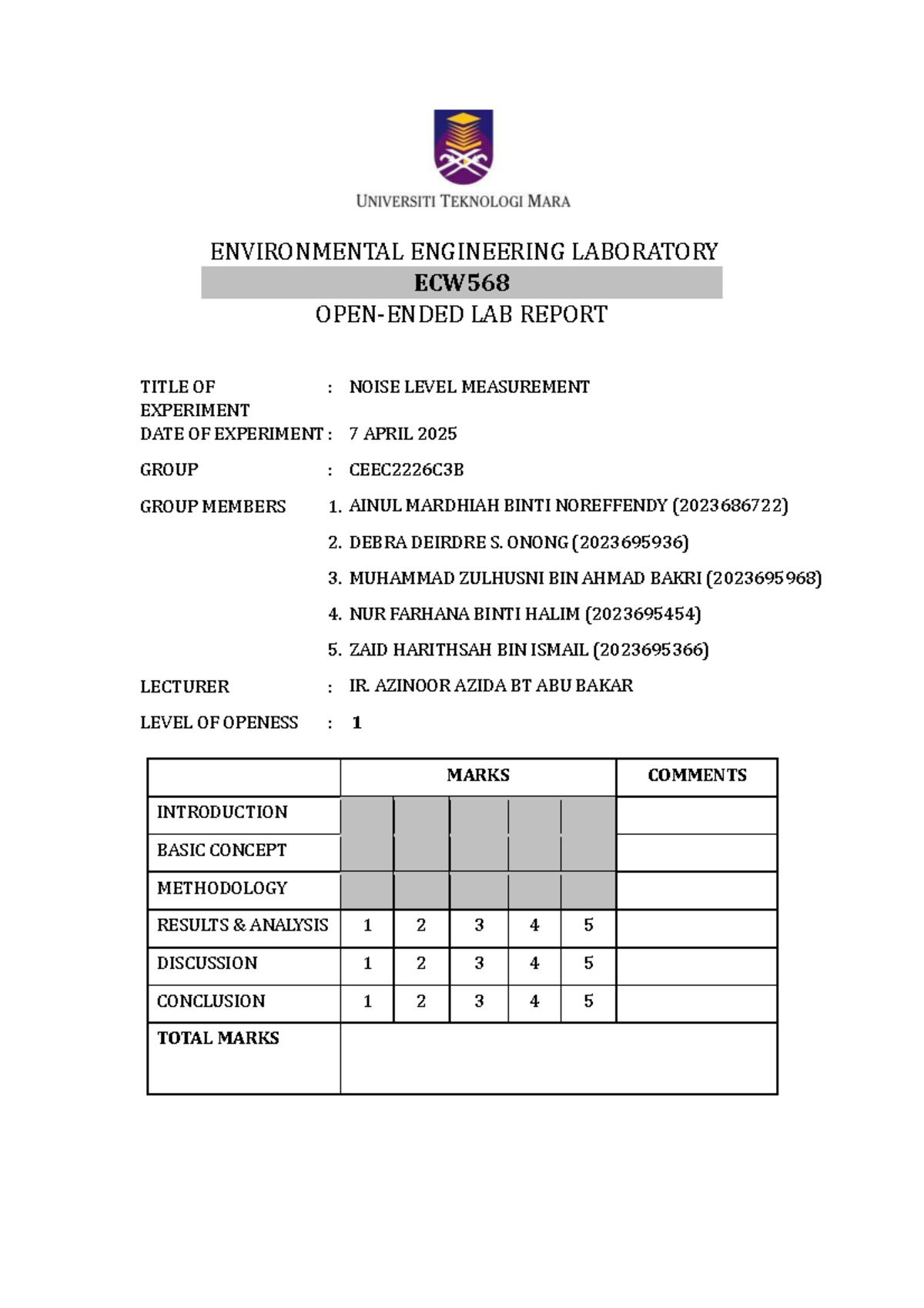 ECW568 Noise Level Measurement Lab Report - April 2025 - Studocu