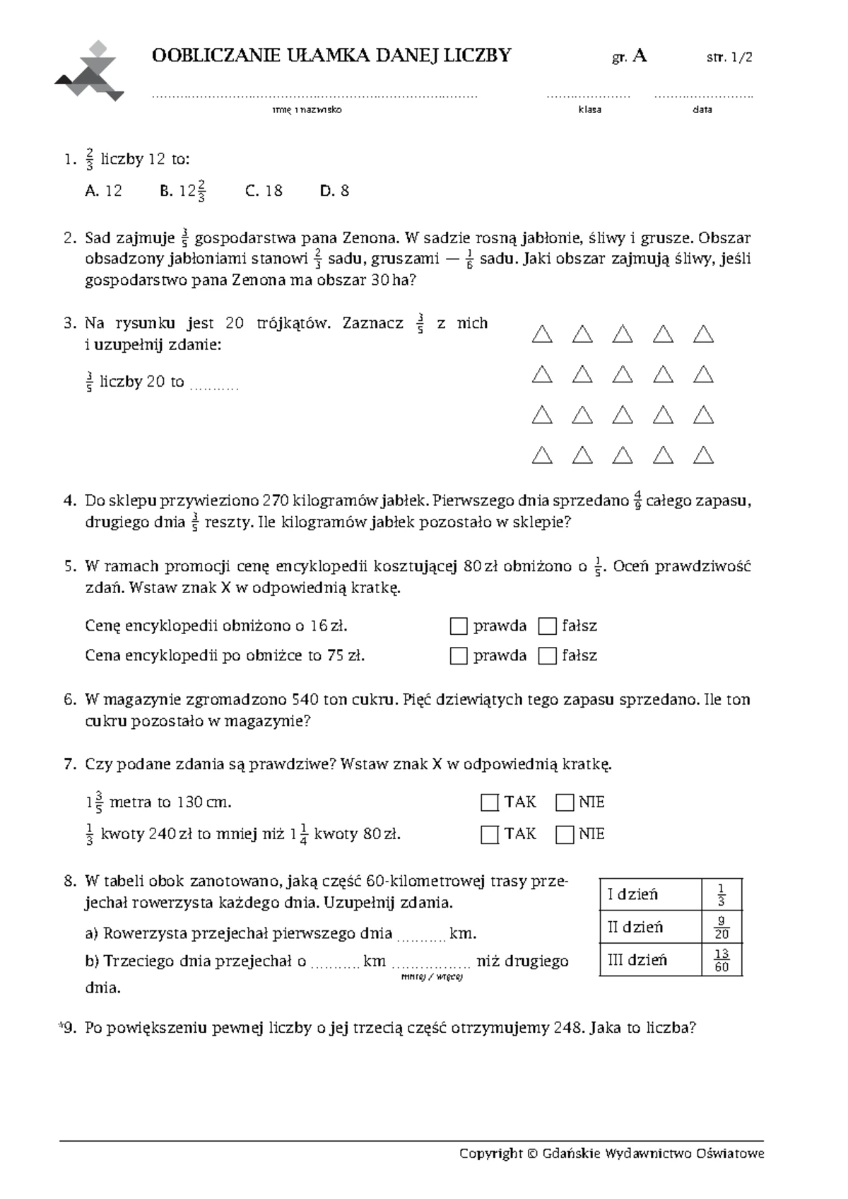 Klasa 4 - Pola Figur: Karta Pracy i Obliczenia Geometrii - Studocu