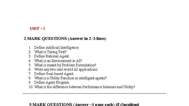 AI 101: Important Questions for All Units - Studocu