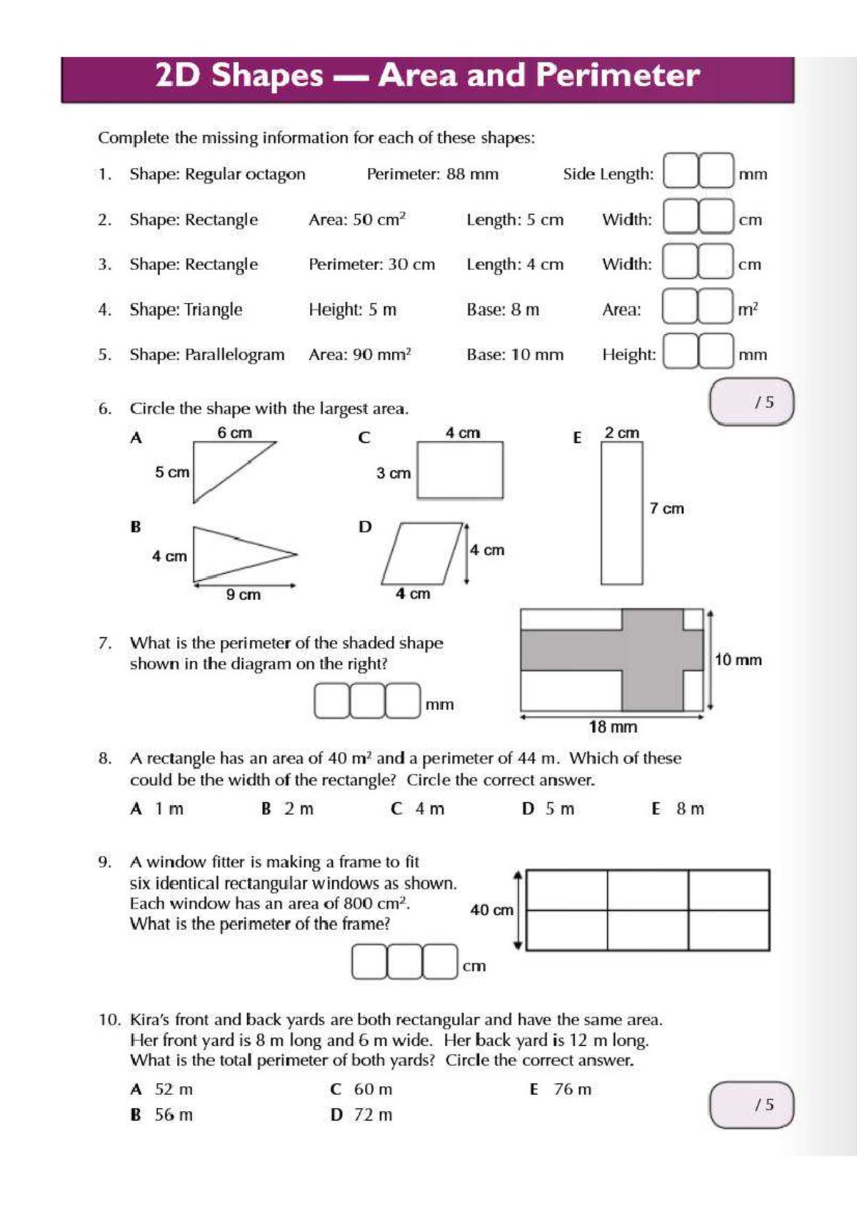 2D Shapes Area & Perimeter: Harder Questions for Practice - Studocu