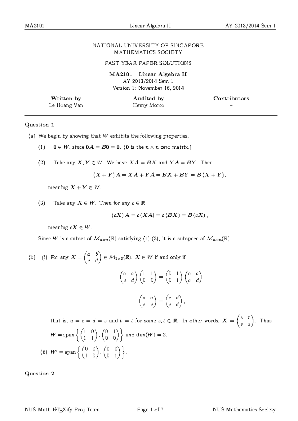 MA2101 Linear Algebra II AY Sem 1 Past Year Paper Solutions - Studocu