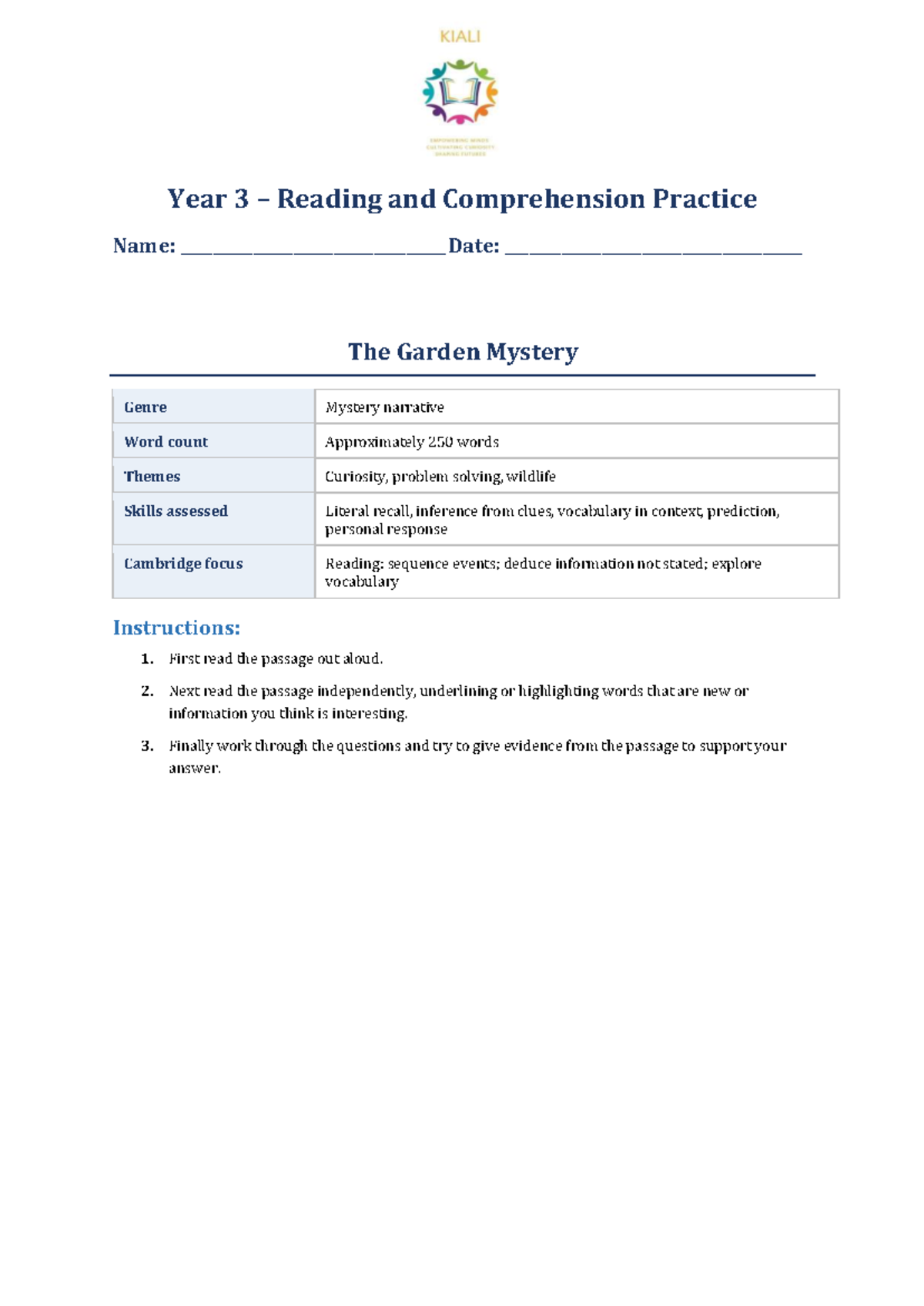 Year 3 Reading Comprehension: The Garden Mystery Practice - Studocu