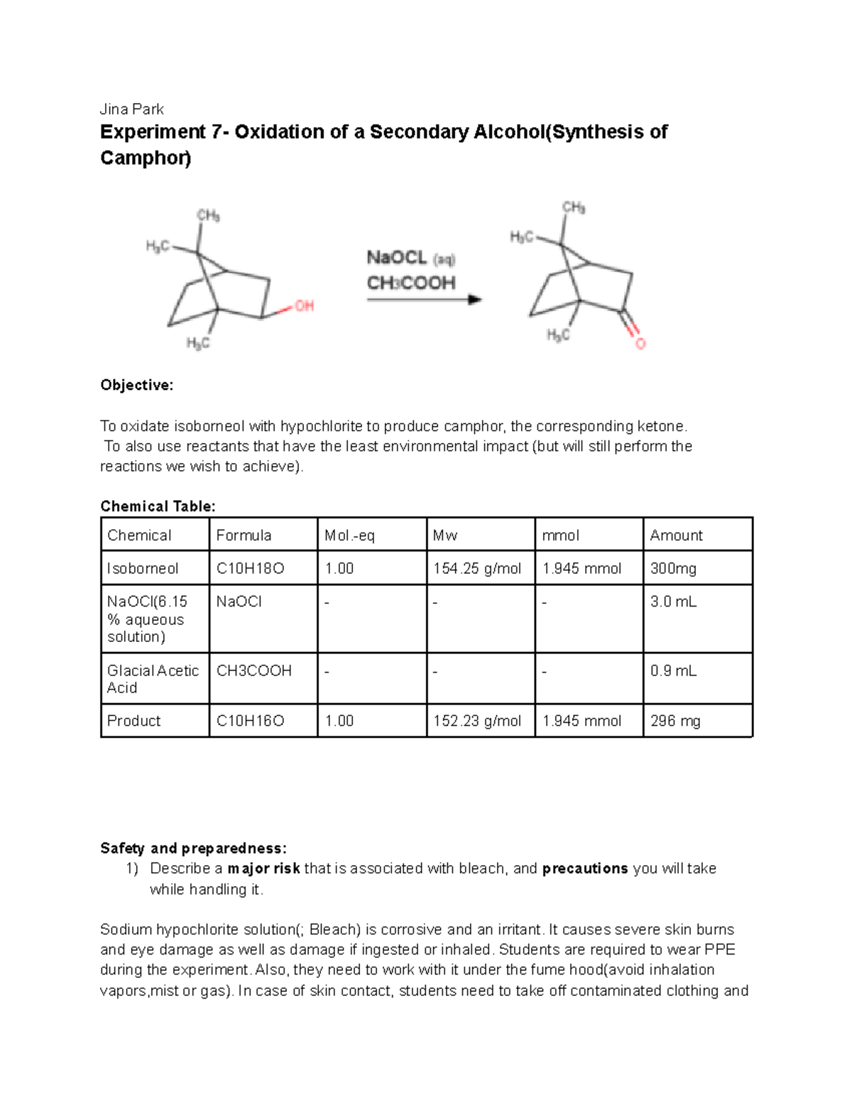 Synthesis of Camphor via Secondary Alcohol Oxidation - Chem 8LB Lab 7 ...