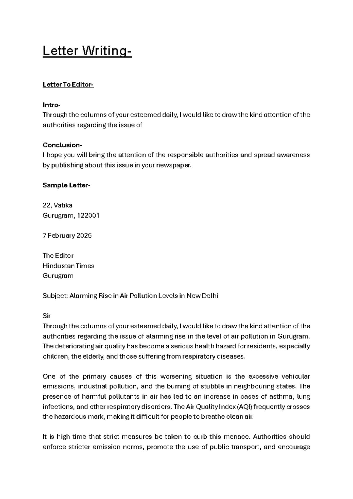 Letter Writing: Sample Letters and Formats for Various Purposes - Studocu