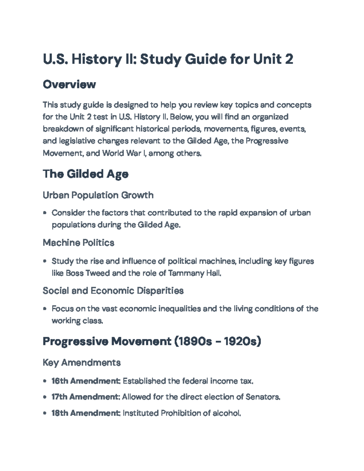 U.S. History II Study Guide: Key Topics for Unit 2 Exam Review - U ...