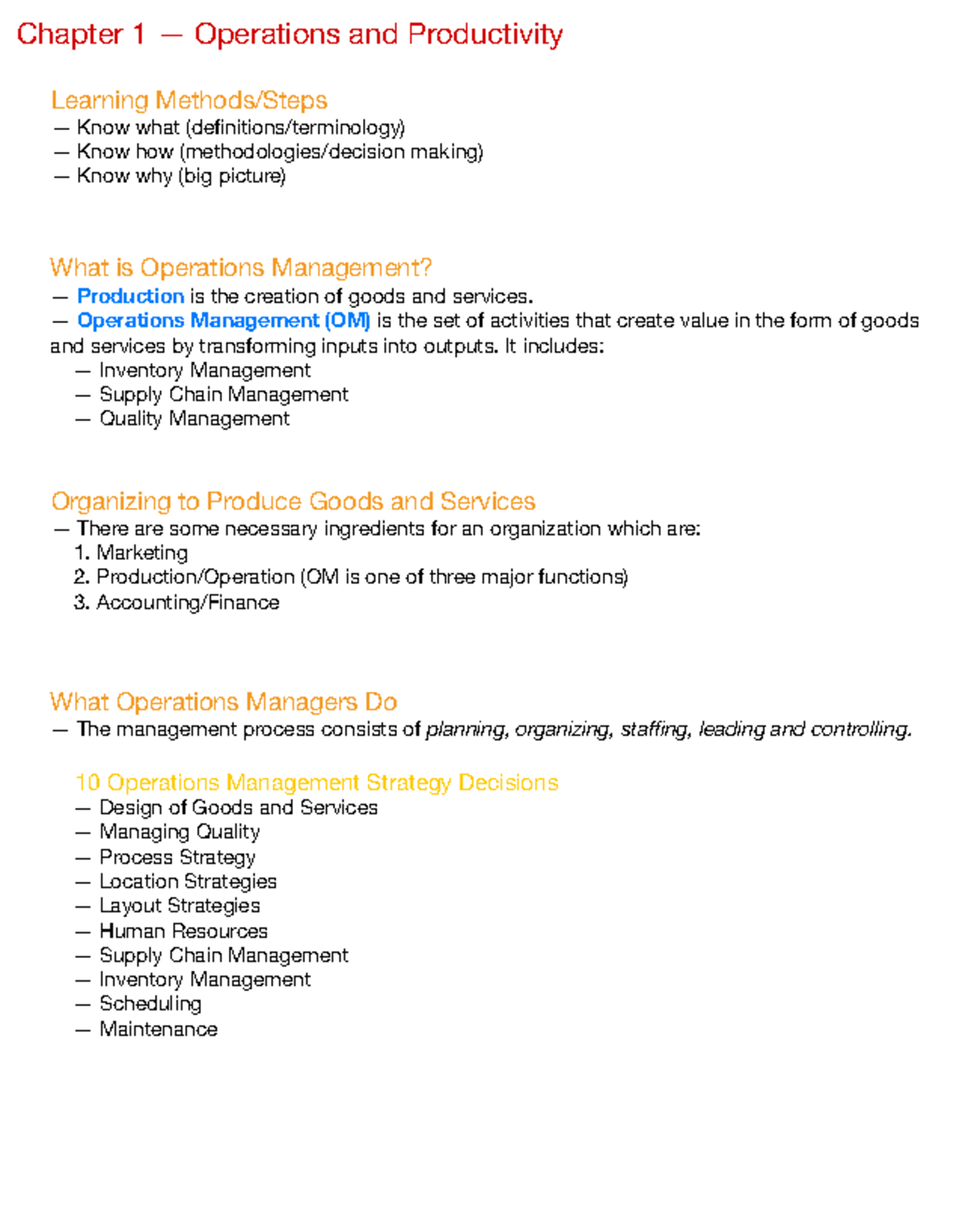 Chapter 1: Operations Management and Productivity Overview (OM101) - Studocu