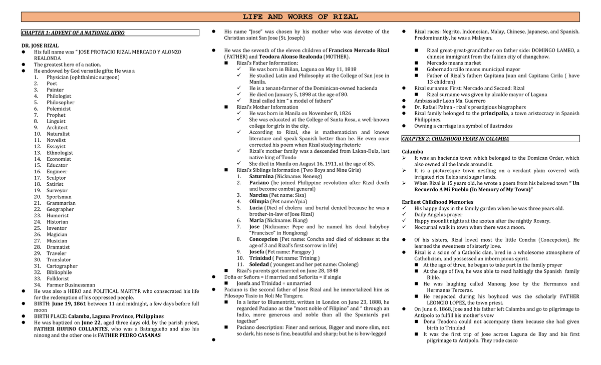 LIFE AND WORKS OF RIZAL: CHAPTER 1 - A NATIONAL HERO'S JOURNEY - Studocu