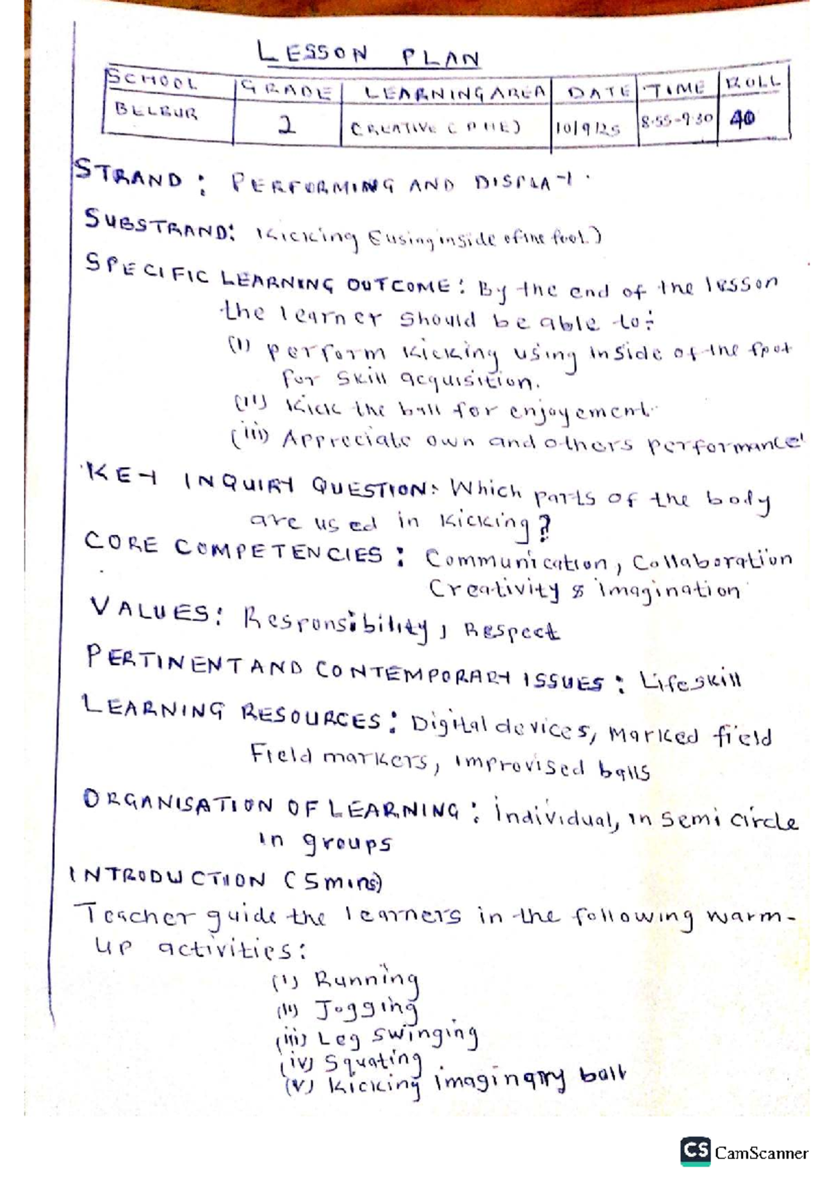 SAMPLE LESSON PLAN FOR OUTDOOR ACTIVITIES (PHE) - Studocu