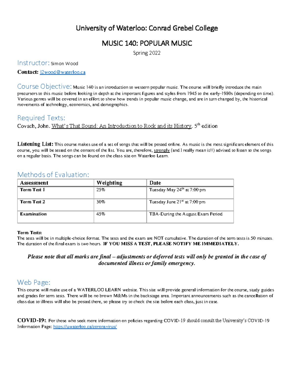 MUSIC 140 Course Outline: Introduction to Popular Music, Spring 2022 ...