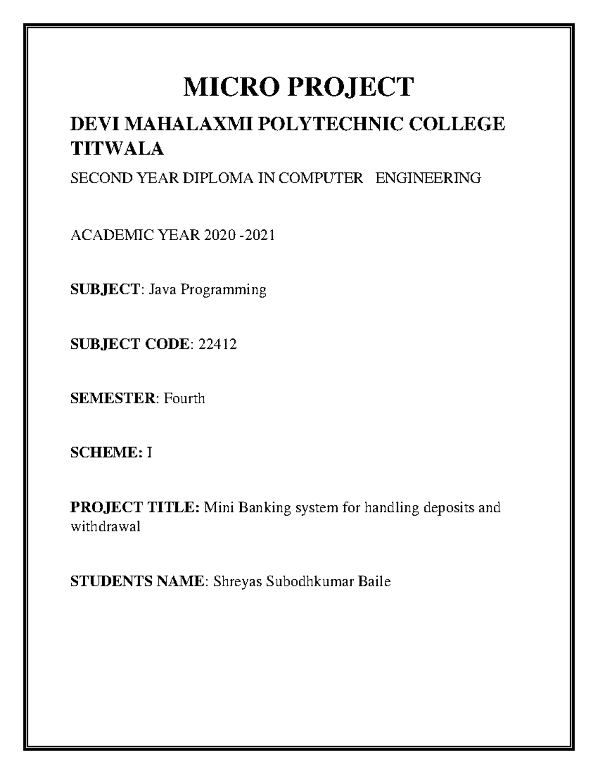 Mini Banking system for handling deposits and withdrawal - MICRO ...