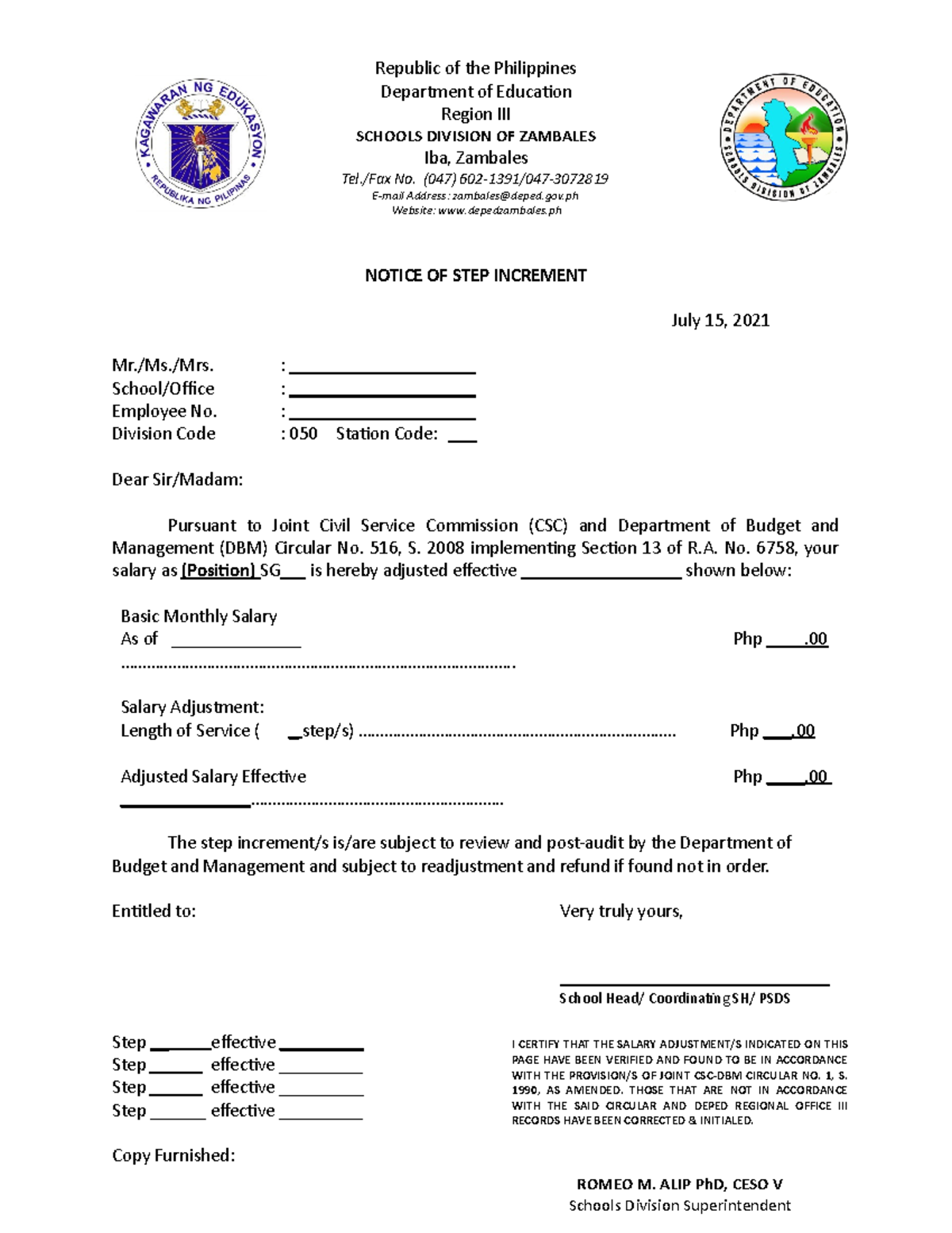 Notice of Step Increment (NOSI) - Salary Adjustment Details - Studocu
