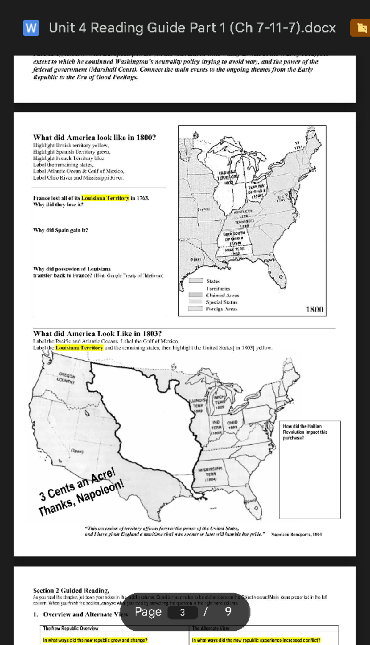 Unit 4 Reading Guide Part 1: Early Republic & Territorial Expansion ...