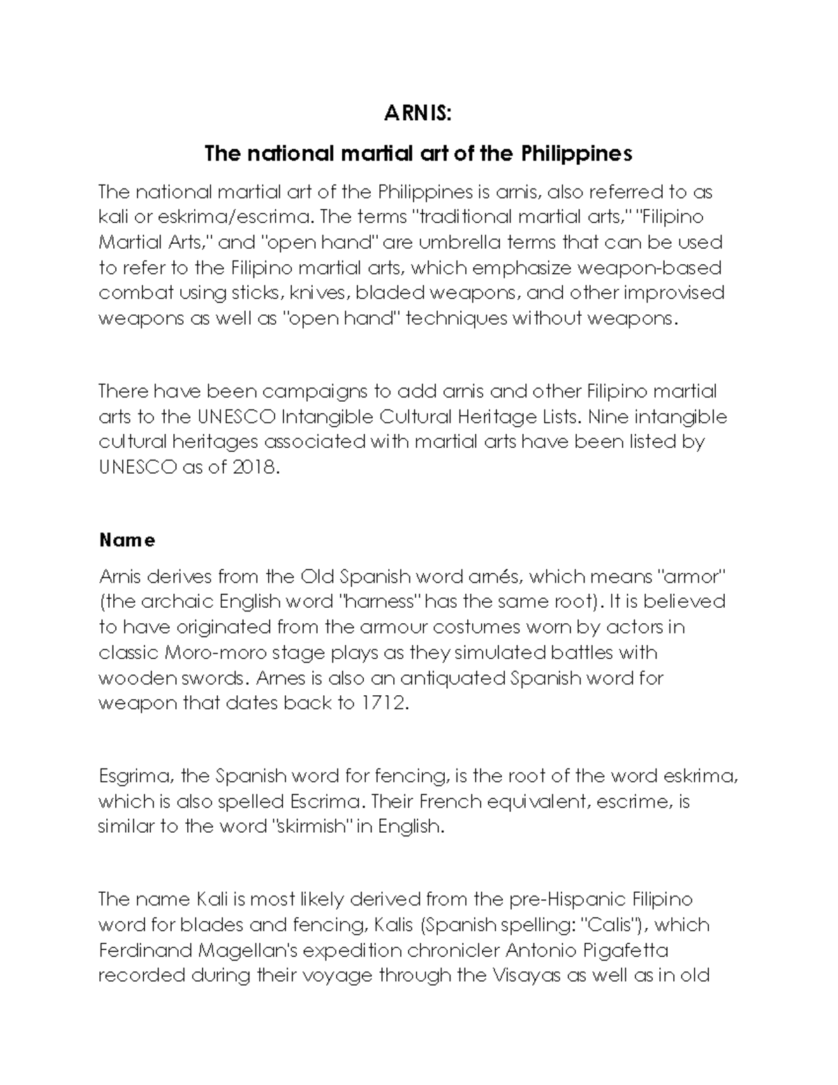 Arnis: The Philippine National Martial Art and Its Cultural ...